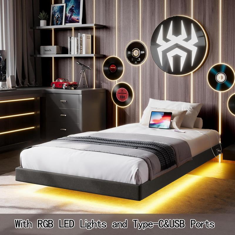 Floating Bed Frame Twin/Full/Queen Size with RGB LED Lights and Type-C ...