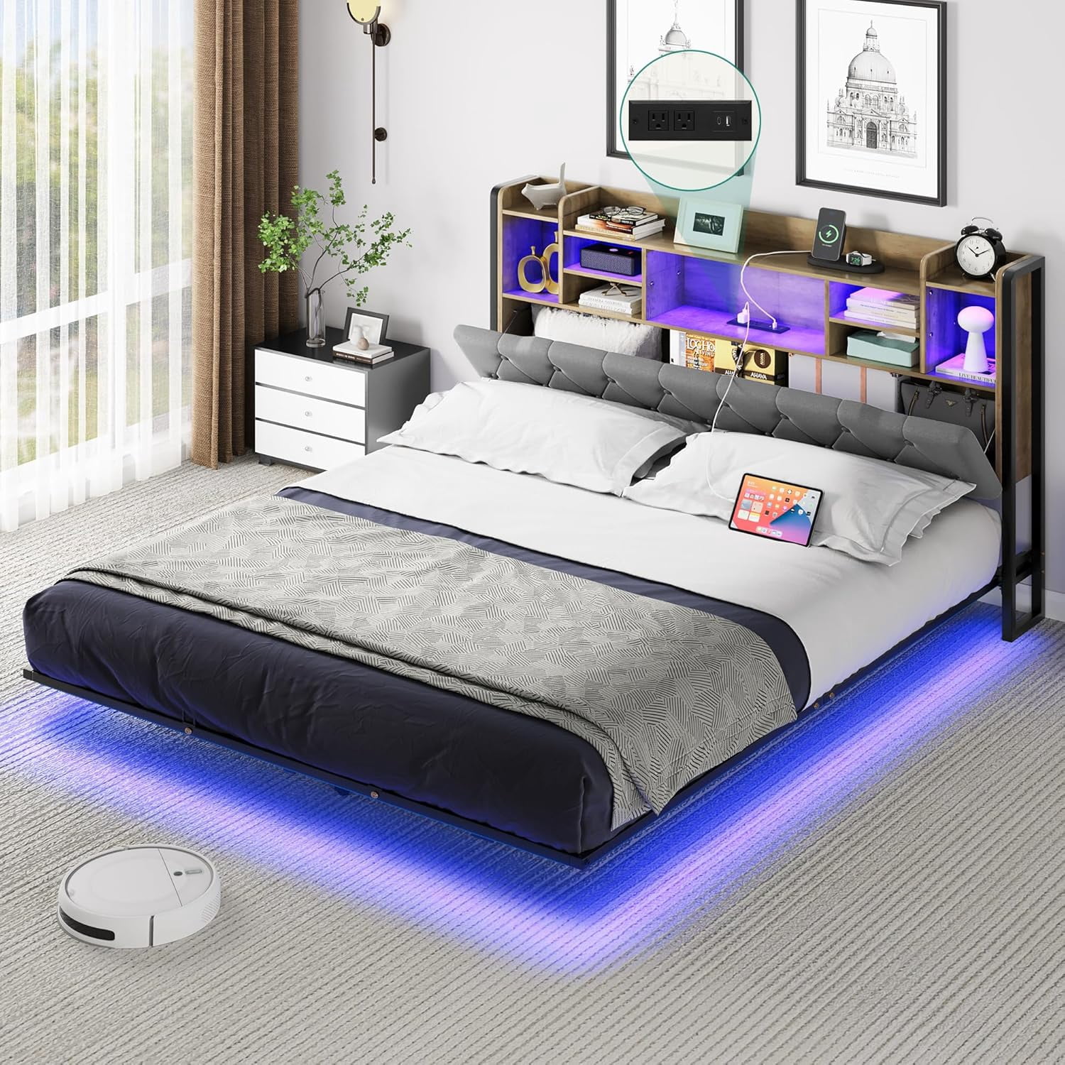 Floating Bed Frame, Upholstered Platform Bed with RGB LED Lights ...