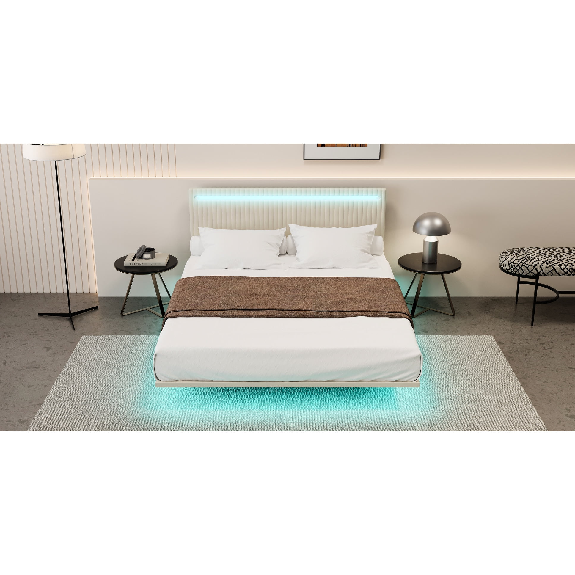 Floating Bed Frame With Vertical Channel Design Velvet Fabric, No Box ...