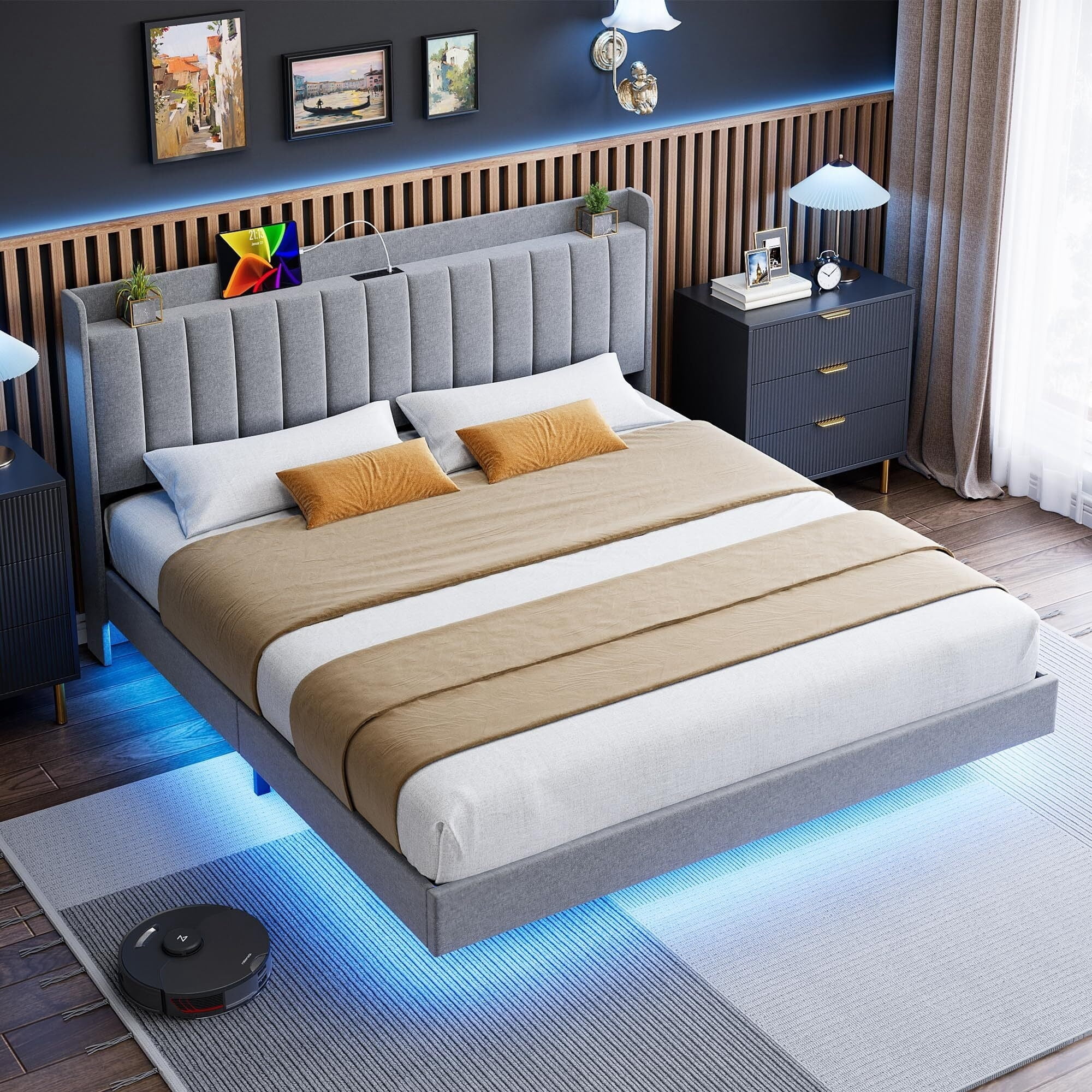 Floating Bed Frame with Charging Station & Storage Headboard Grey ...