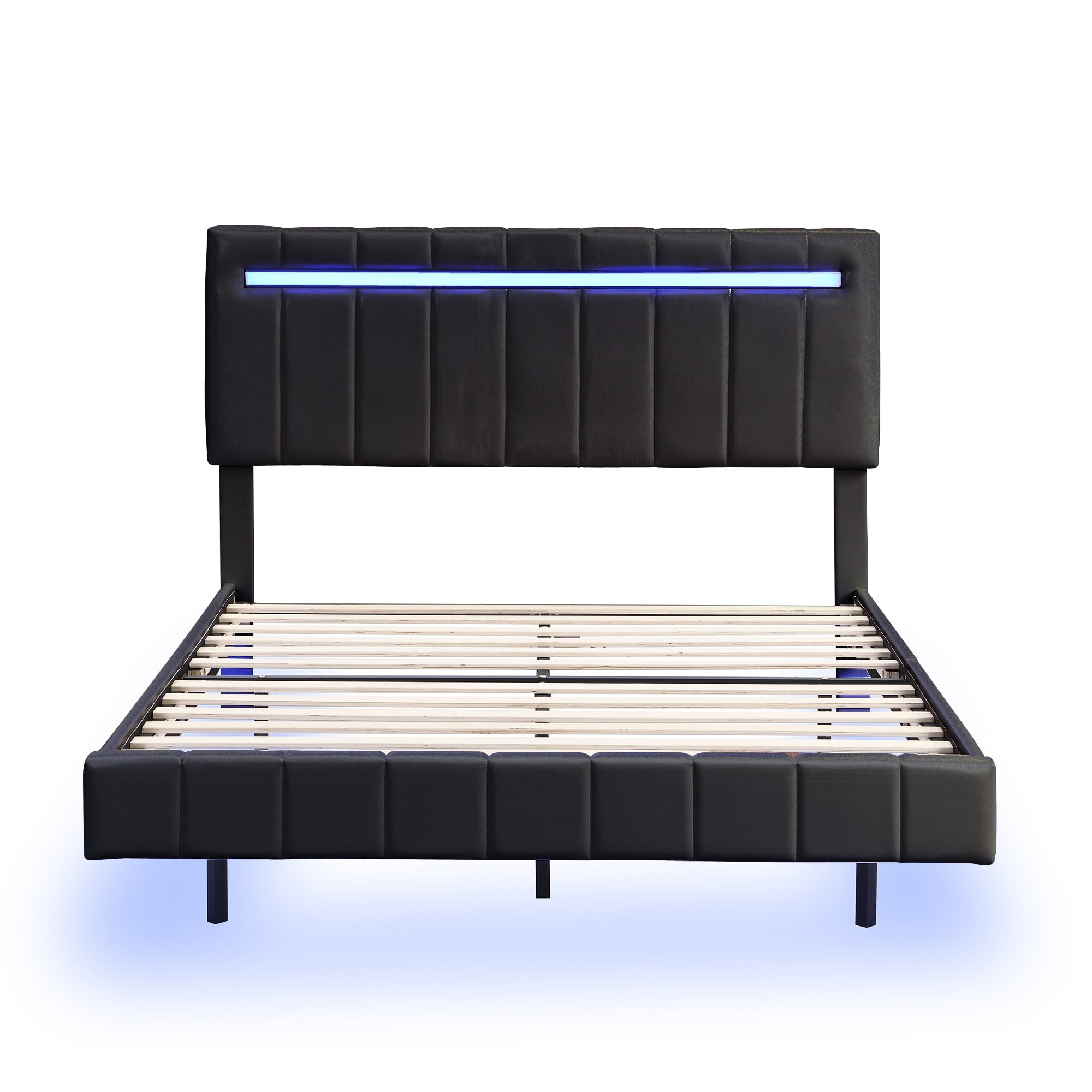 Floating Bed Frame with LED Lights and USB Charging,Modern Upholstered ...