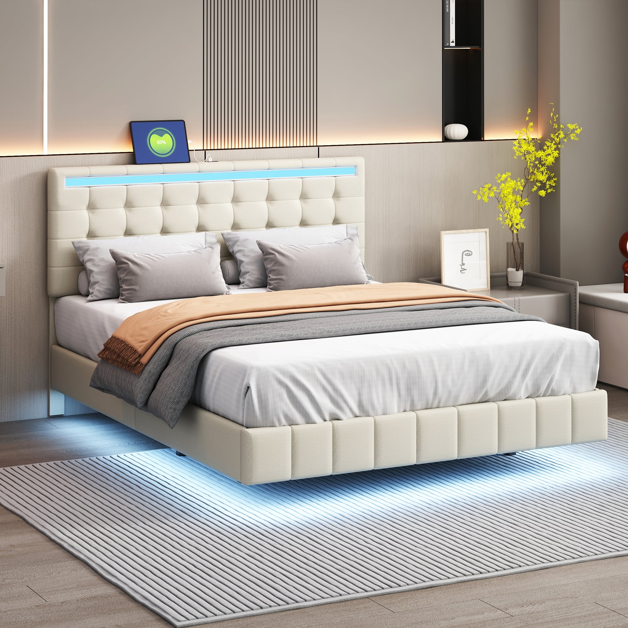 Floating Bed Frame with LED Lights and USB Charging,Modern Upholstered ...