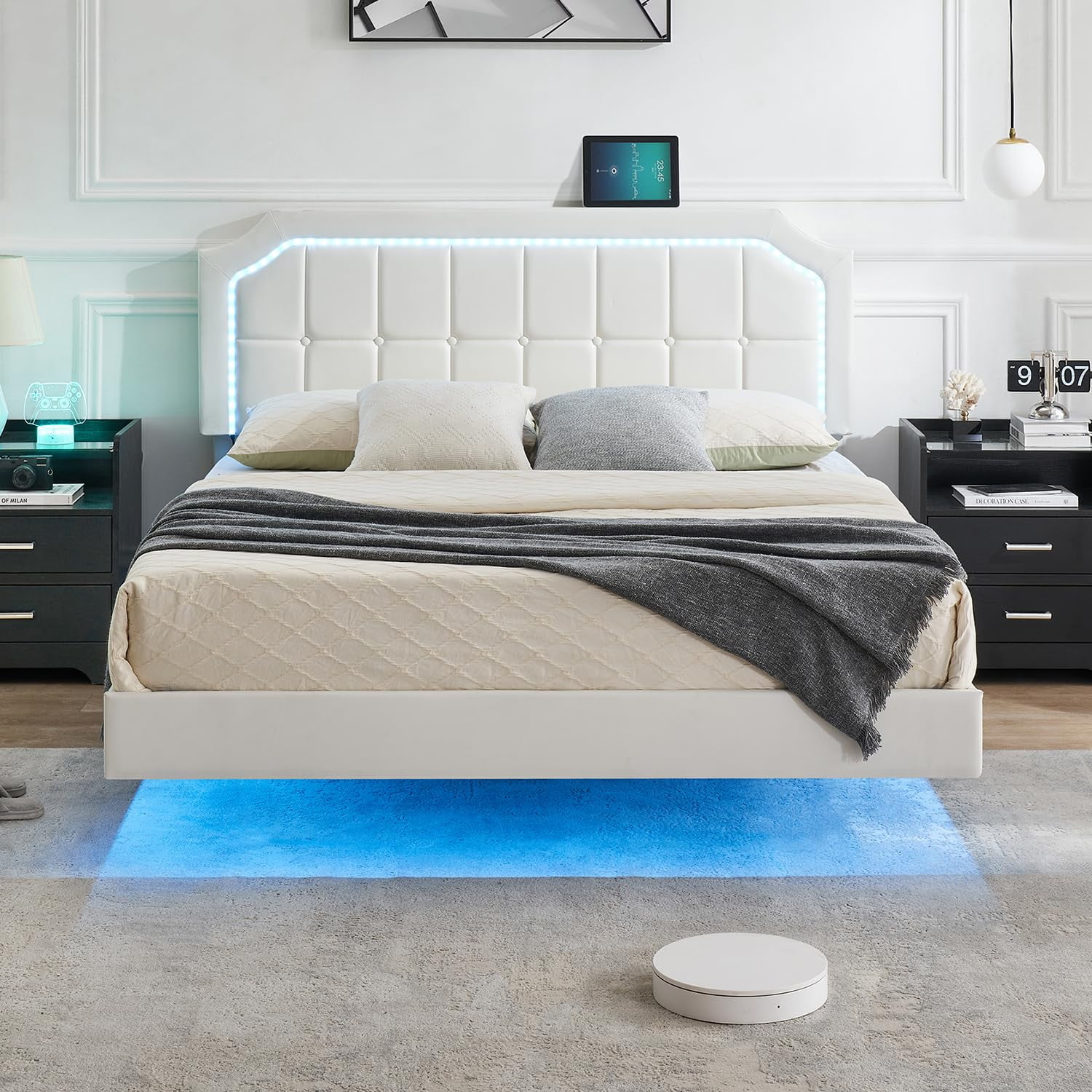 Floating Bed Frame with Led Lights, Modern Upholstered Platform Bed ...