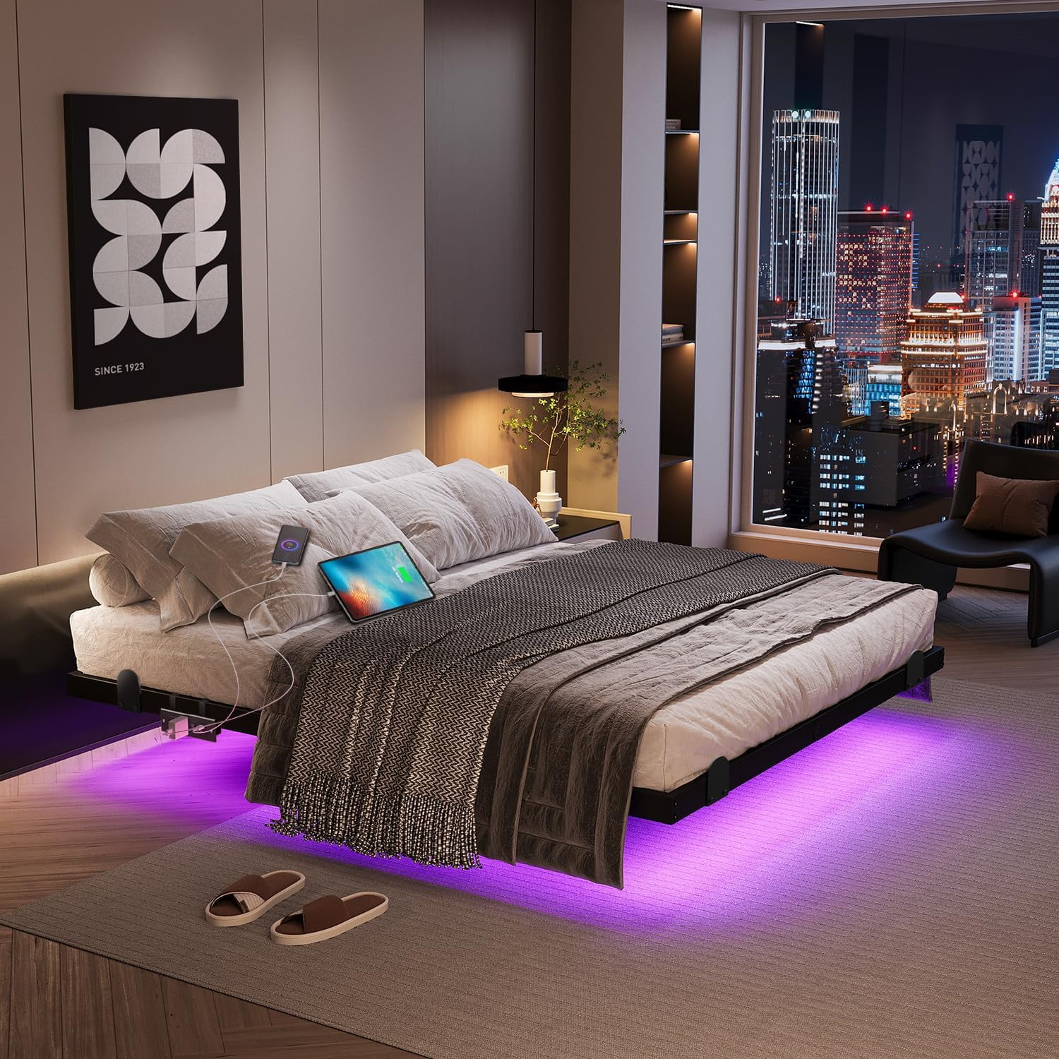 Floating Bed Frame with Lights and Station, 10 Inch Floating Bed Frame ...