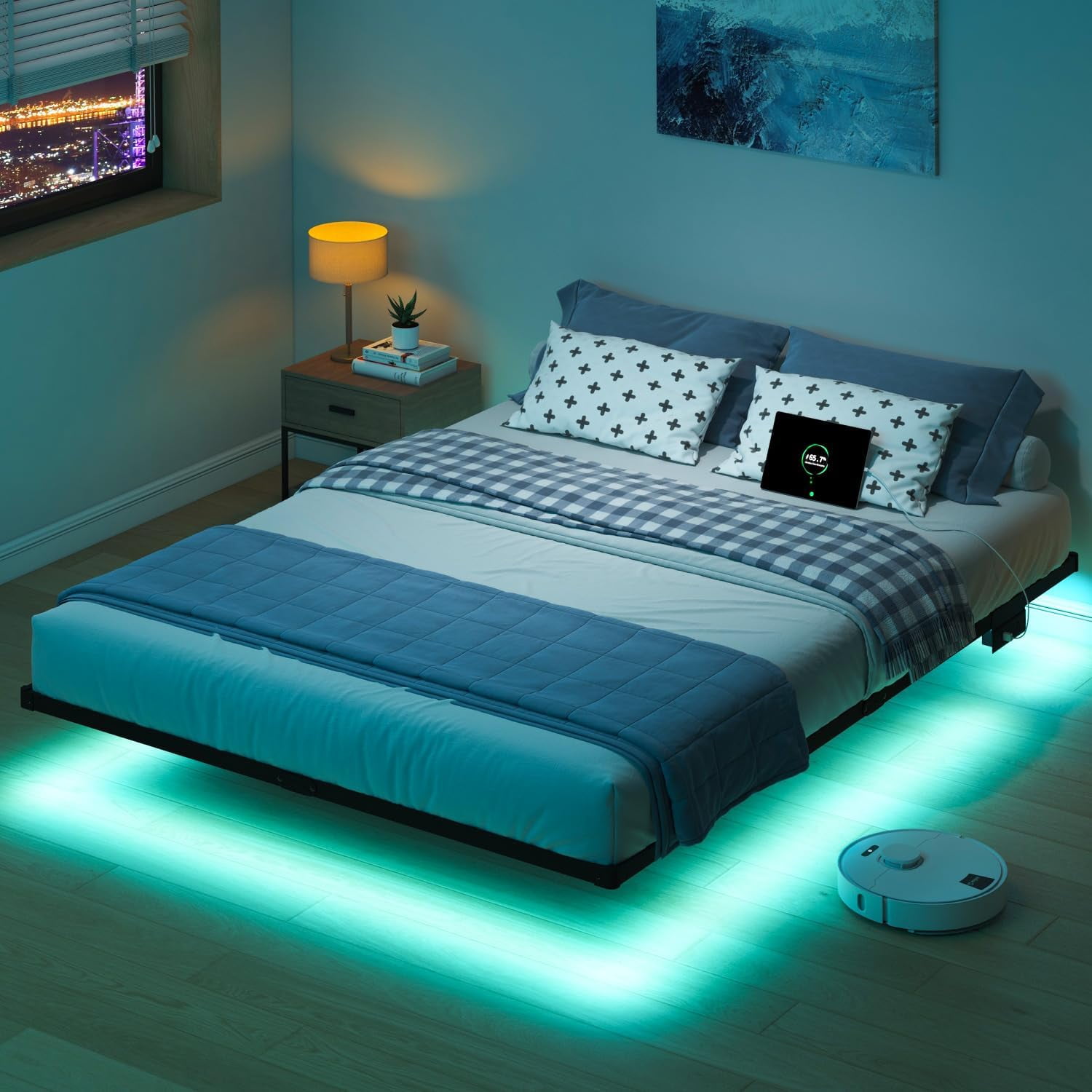 Floating Bed Frame with Lights and Station - 8 inch Platform Bed Frame ...