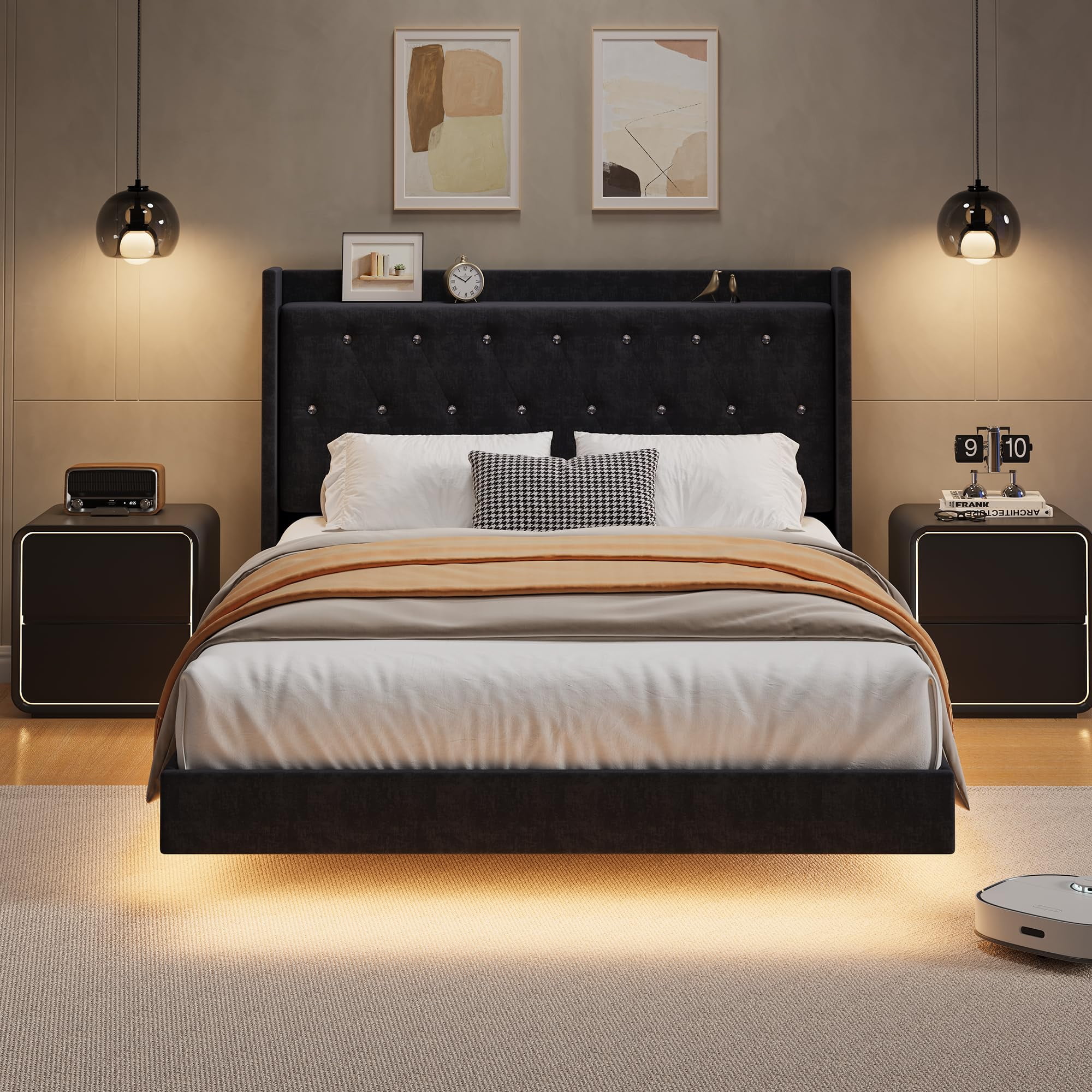 Floating Bed with LED Lights Full Size Velvet Upholstered Platform Bed ...
