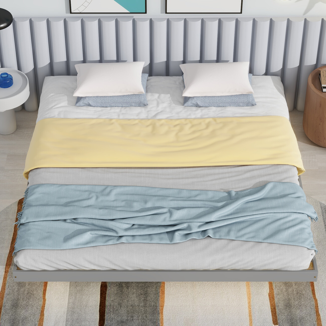 Floating Bed with LED Lights Underneath,Pine Wood King Size Upholstered ...