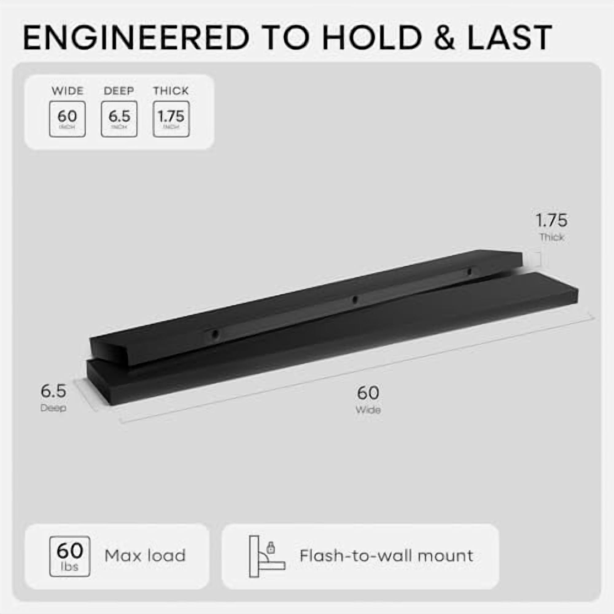 Floating Black Shelf 60 inch, High End Solid Real Wood 60 inches Long ...