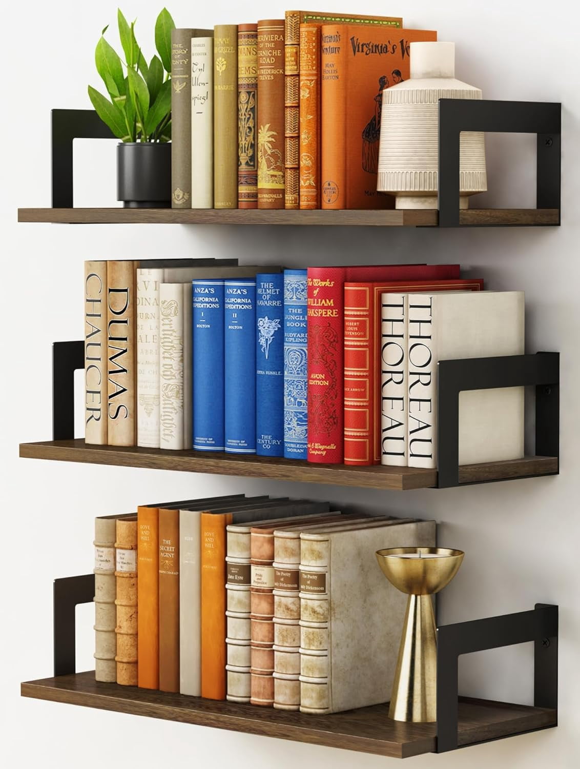 Floating Book Shelves for Wall Set of 3, 17 x 8 Inch Deep Wooden Wall ...