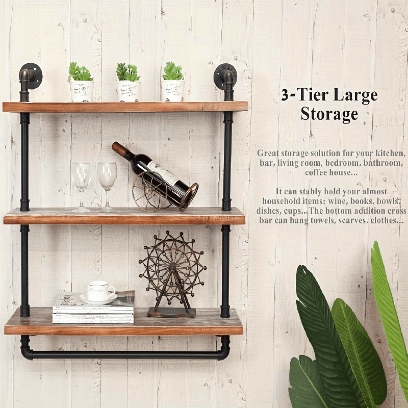 Floating Book Shelves for Wall with Towel Bar, 3 Tier Industrial Pipe ...