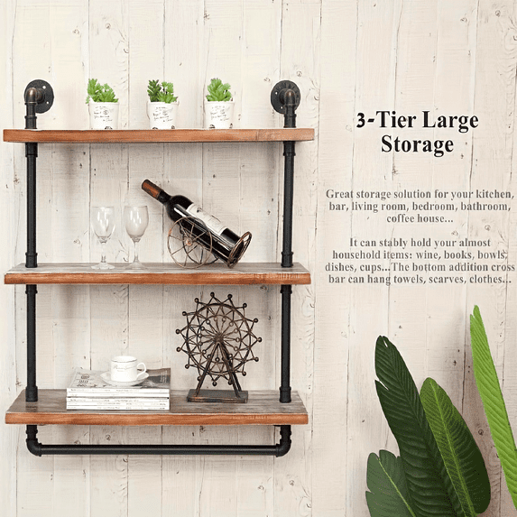 Floating Book Shelves for Wall with Towel Bar, 3 Tier Industrial Pipe ...