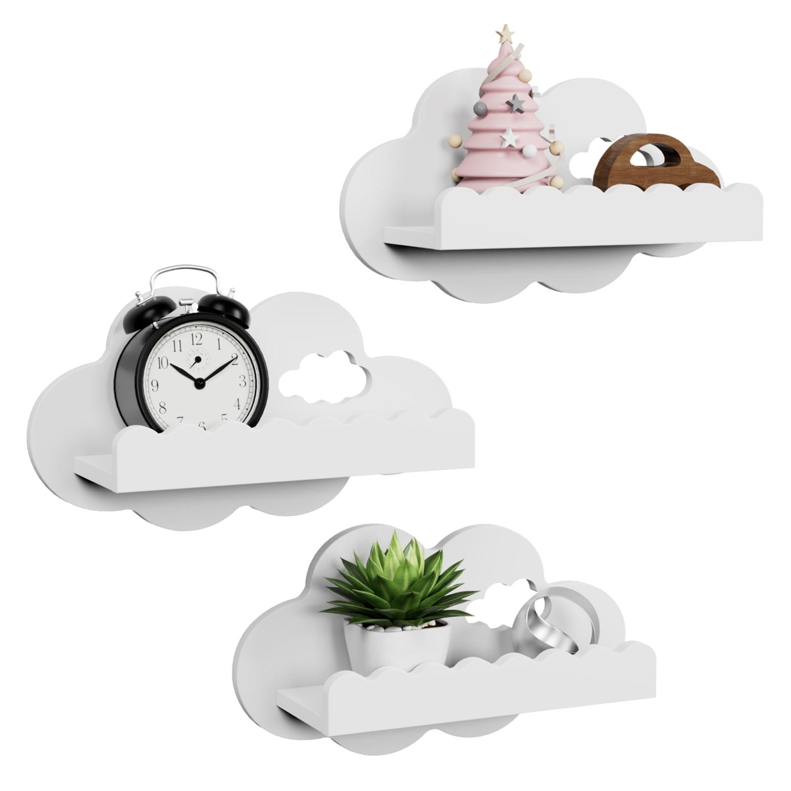 Floating Bookshelf Set of 3 - Scalloped Cloud Design Wall Mounted ...