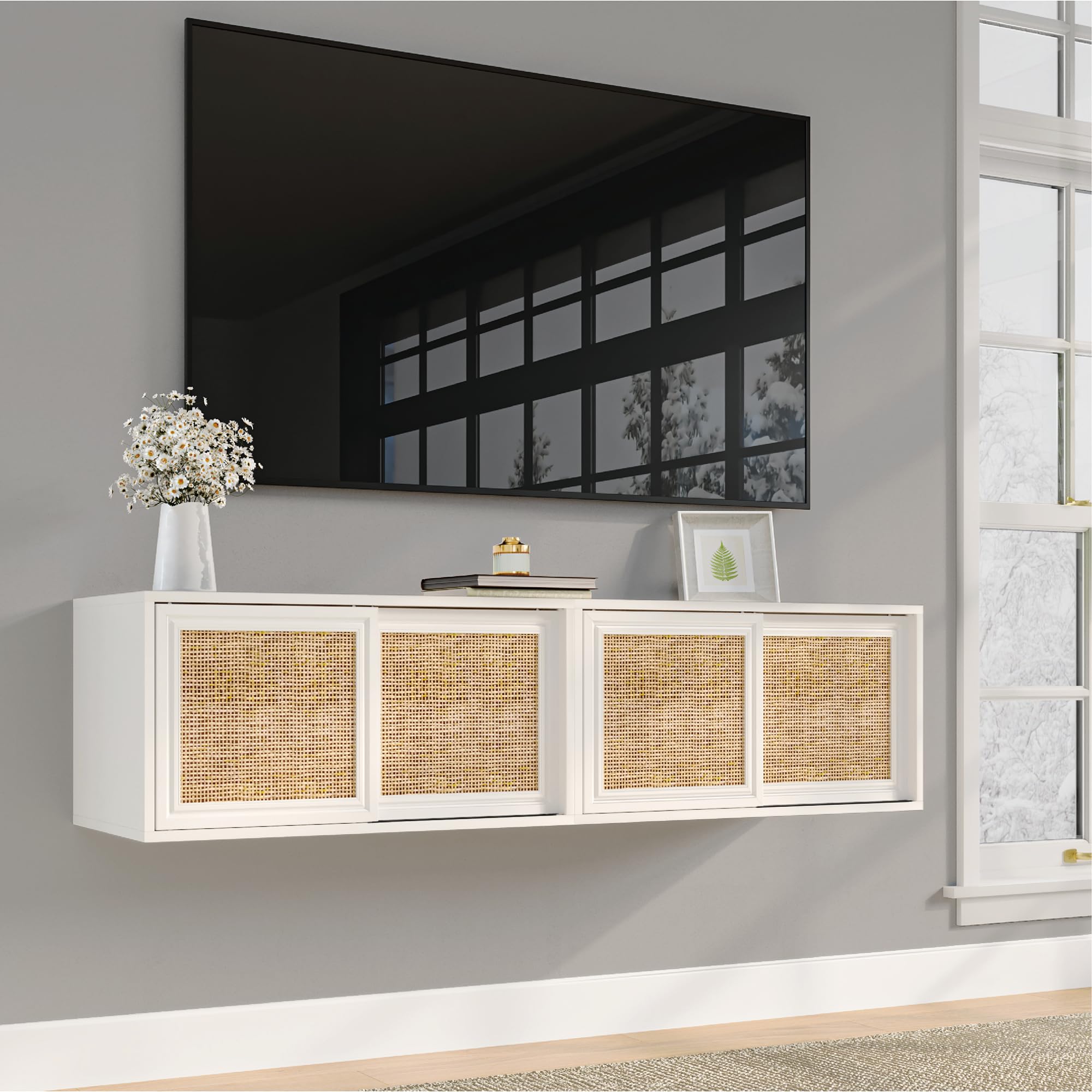 Floating Cabients Wall Rattan Storage with 2 Paper Woven Sliding Doors ...