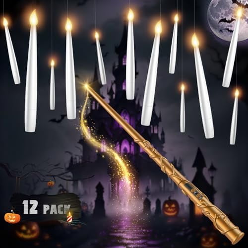 Floating Candles with Wand - 12 Pack Halloween Decorations Magic ...
