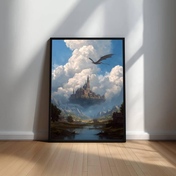 Floating Castle Dragon Fantasy Wall Art, Stretched Canvas Size 12x18 ...