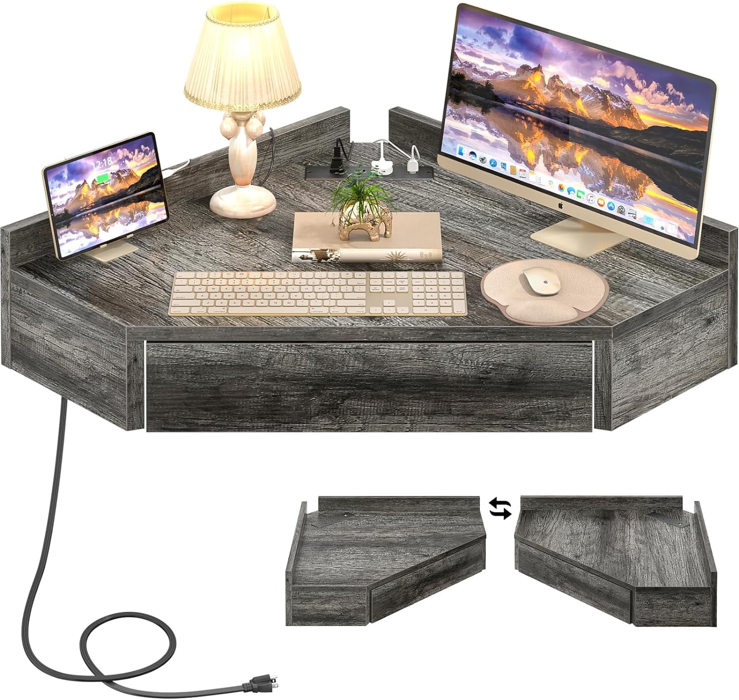 Floating Corner Desk with Outlets & USB Ports, Wall-Mounted Corner ...