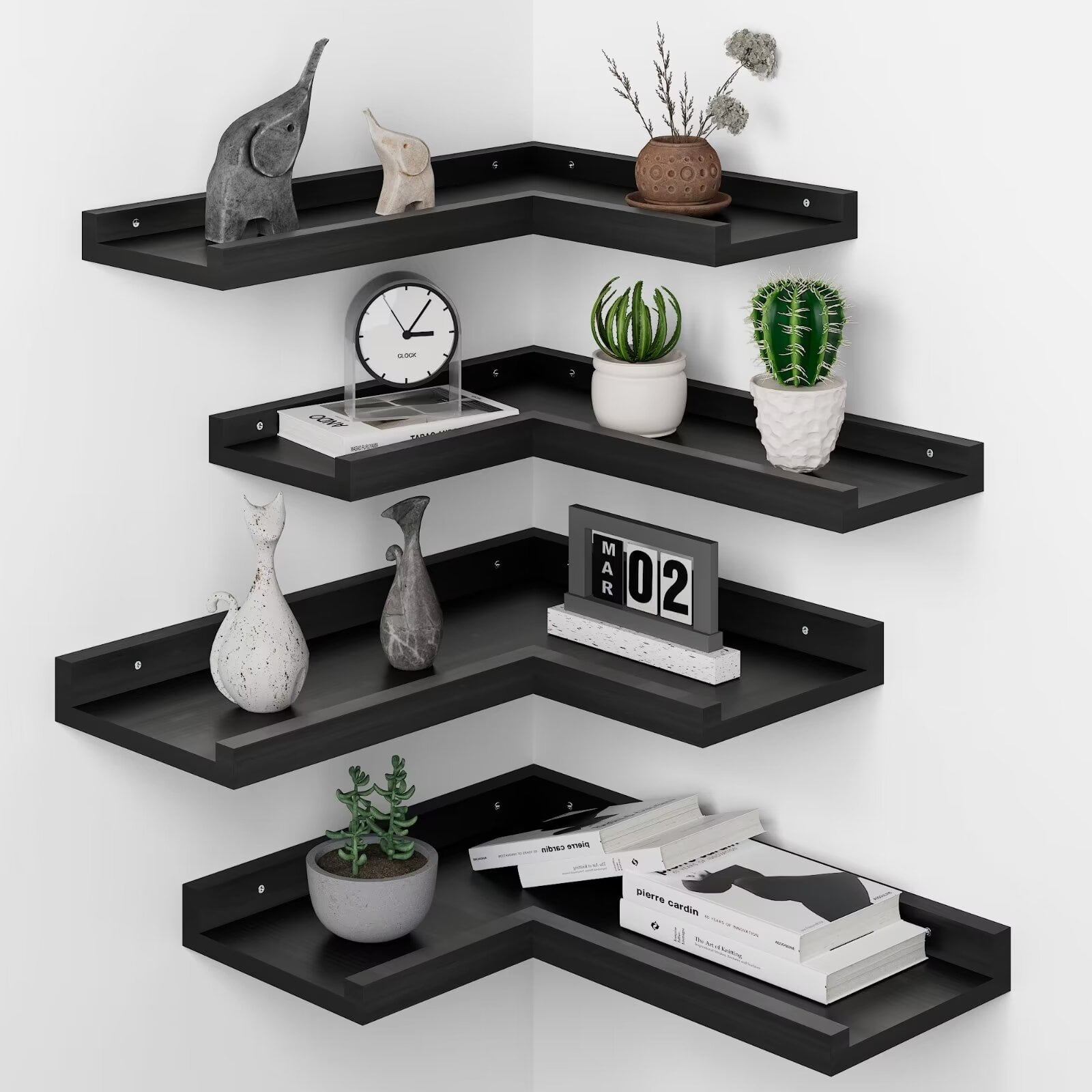 Floating Corner Shelves with Lip, 4 Tier Modern Black Corner Wall ...