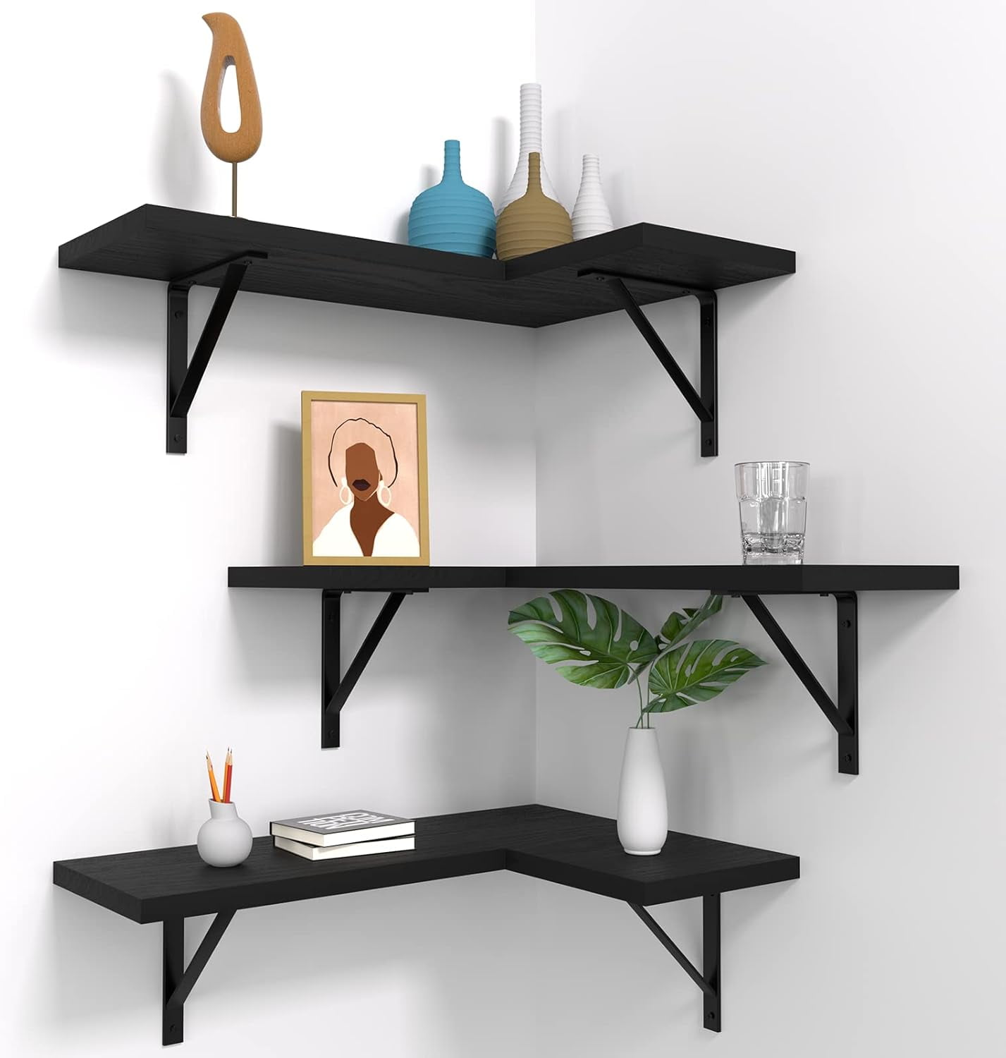 Floating Corner Shelves Set of 3, Corner Shelves Wall Mounted, Floating ...