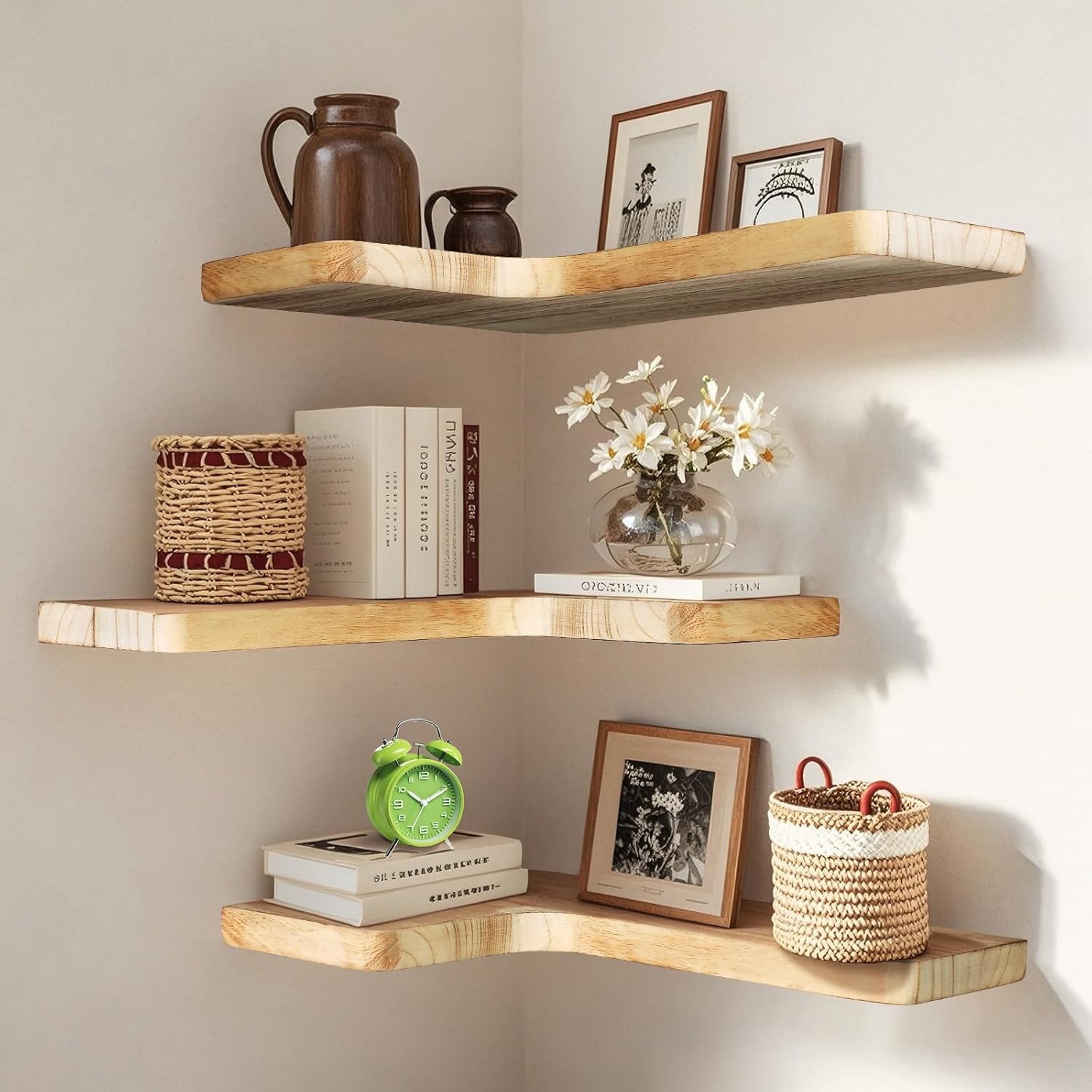 Floating Corner Shelves Set of 3, Solid Wood Picture Wall Shelf ...