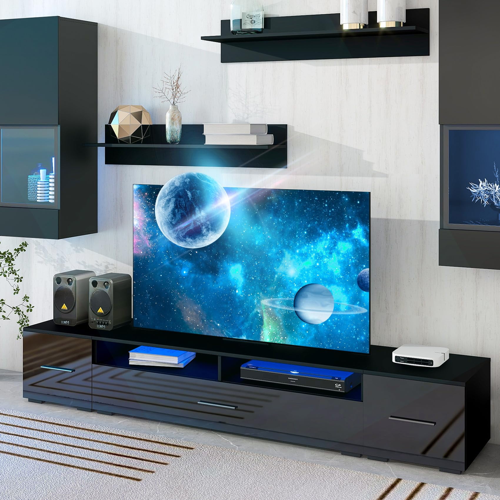 7-Piece LED Floating Entertainment Set, High Gloss TV Stand for 90 ...