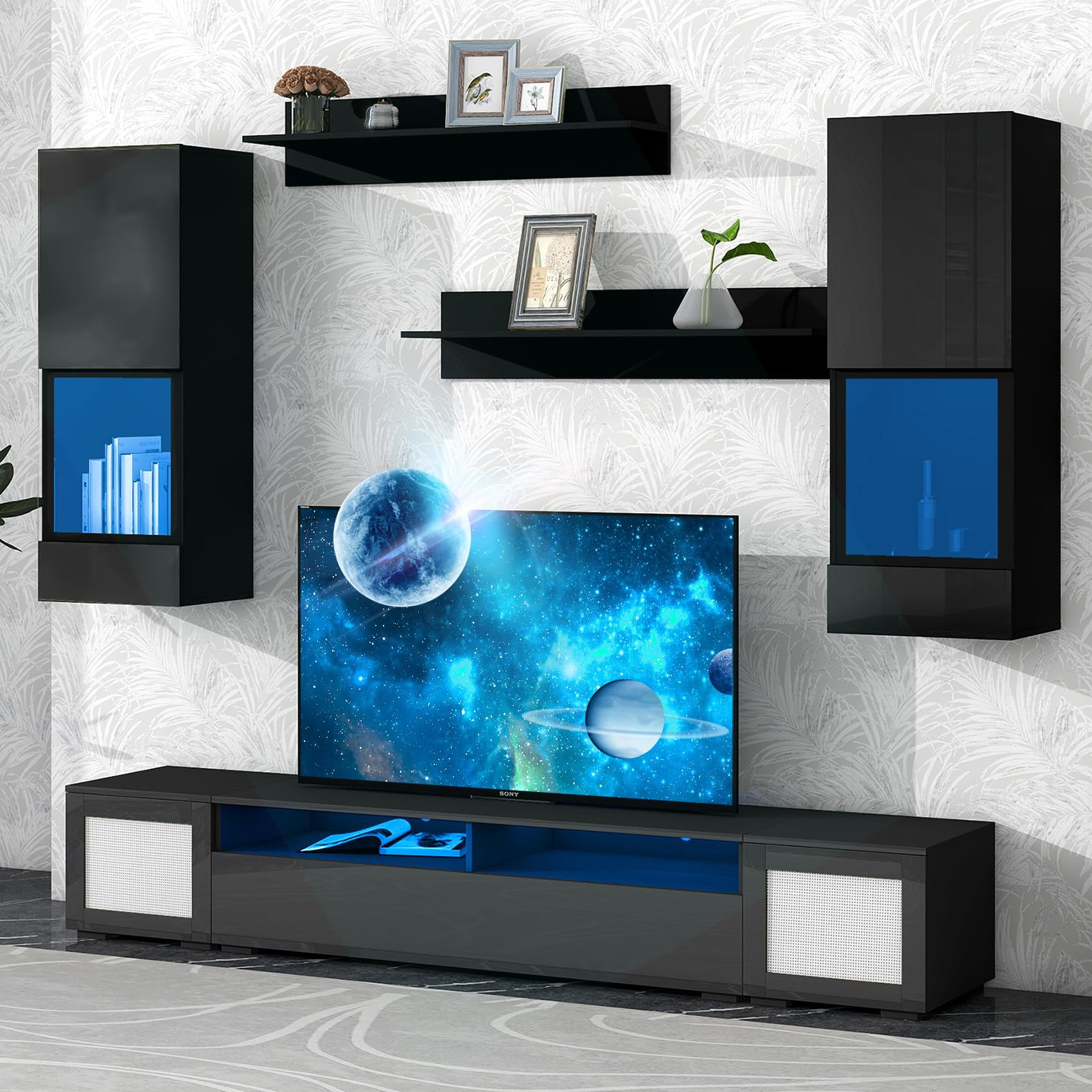 Floating Entertainment Center Set with LED Lights, 7 Pieces Floating TV ...