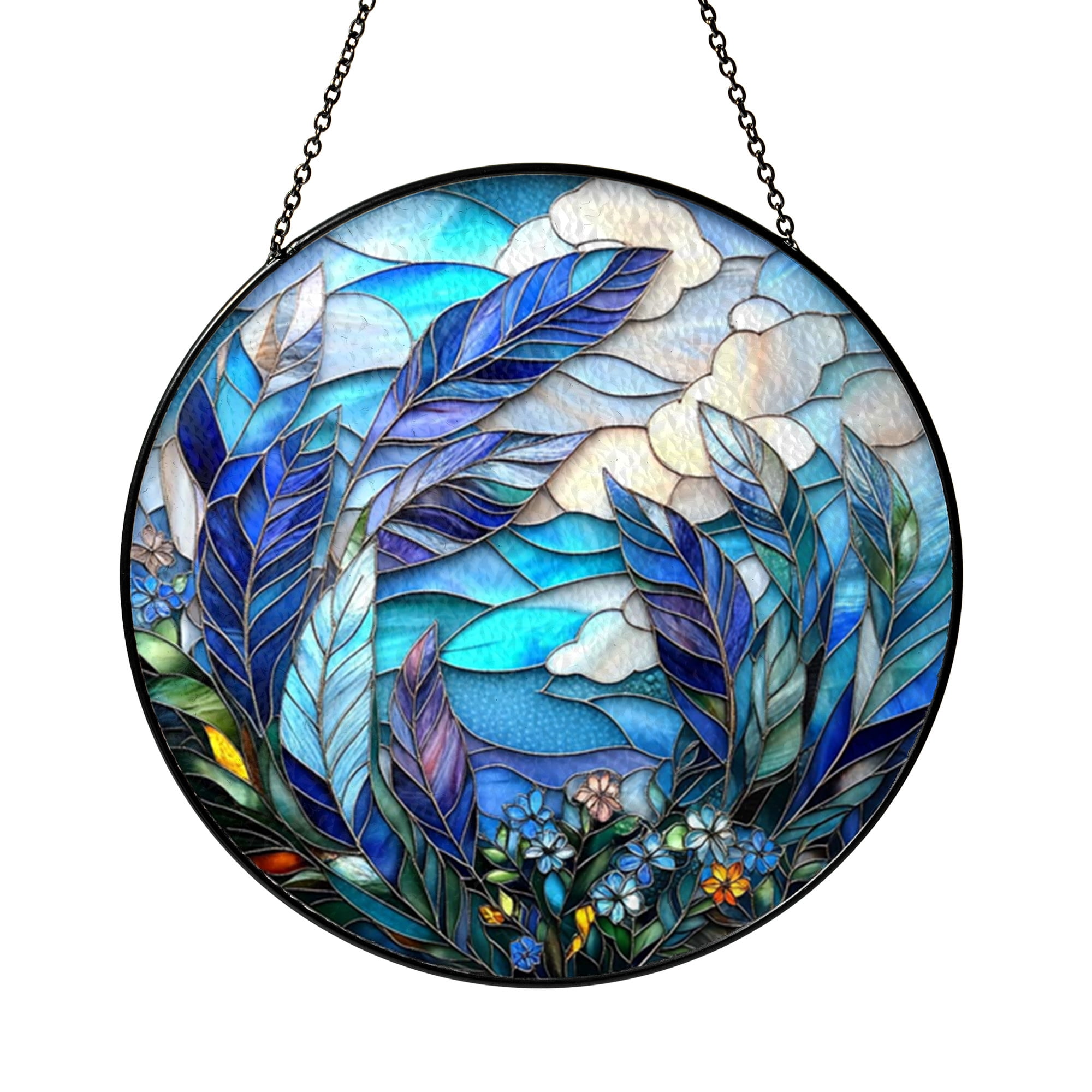 Floating Feather Landscape Stained Glass Style Window Hanging ...