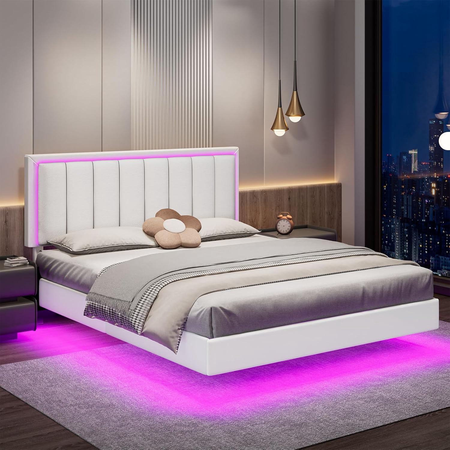 Floating Full Bed Frame with RGB LED Lights, Full Size Bed Frame with ...