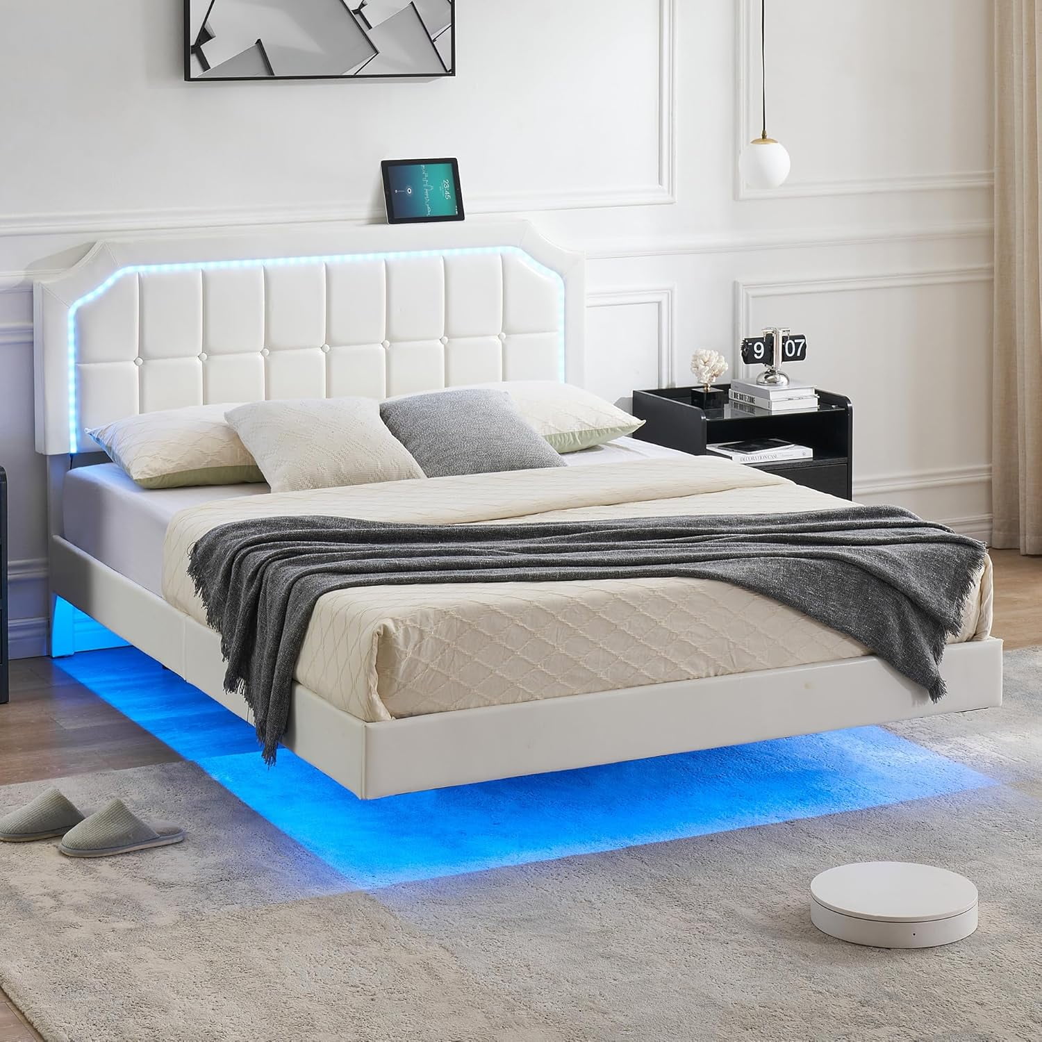 Floating Full Bed Frame with RGB LED Lights - Upholstered Platform Bed ...