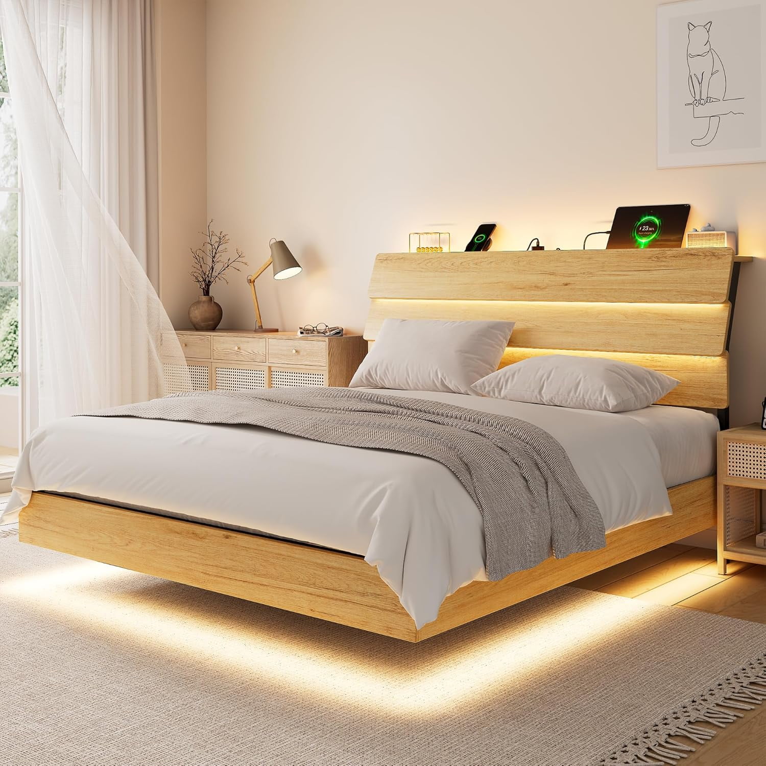 Floating Full Size Metal Bed Frame with LED Lights & Charging Station ...