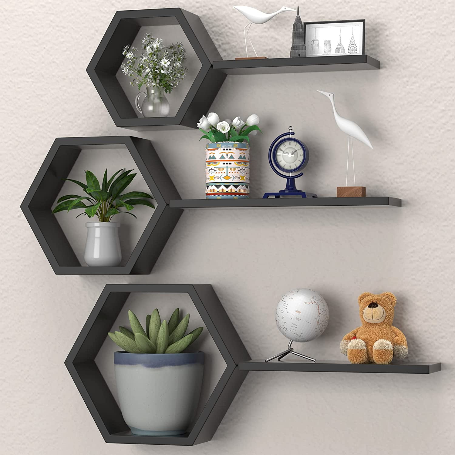 Floating Geometric Honeycomb Shelves - Hexagon Floating Shelves Wall ...