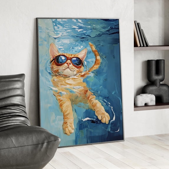 Floating Ginger Cat Wall Art Whimsical Pool Decor, Stretched Canvas ...