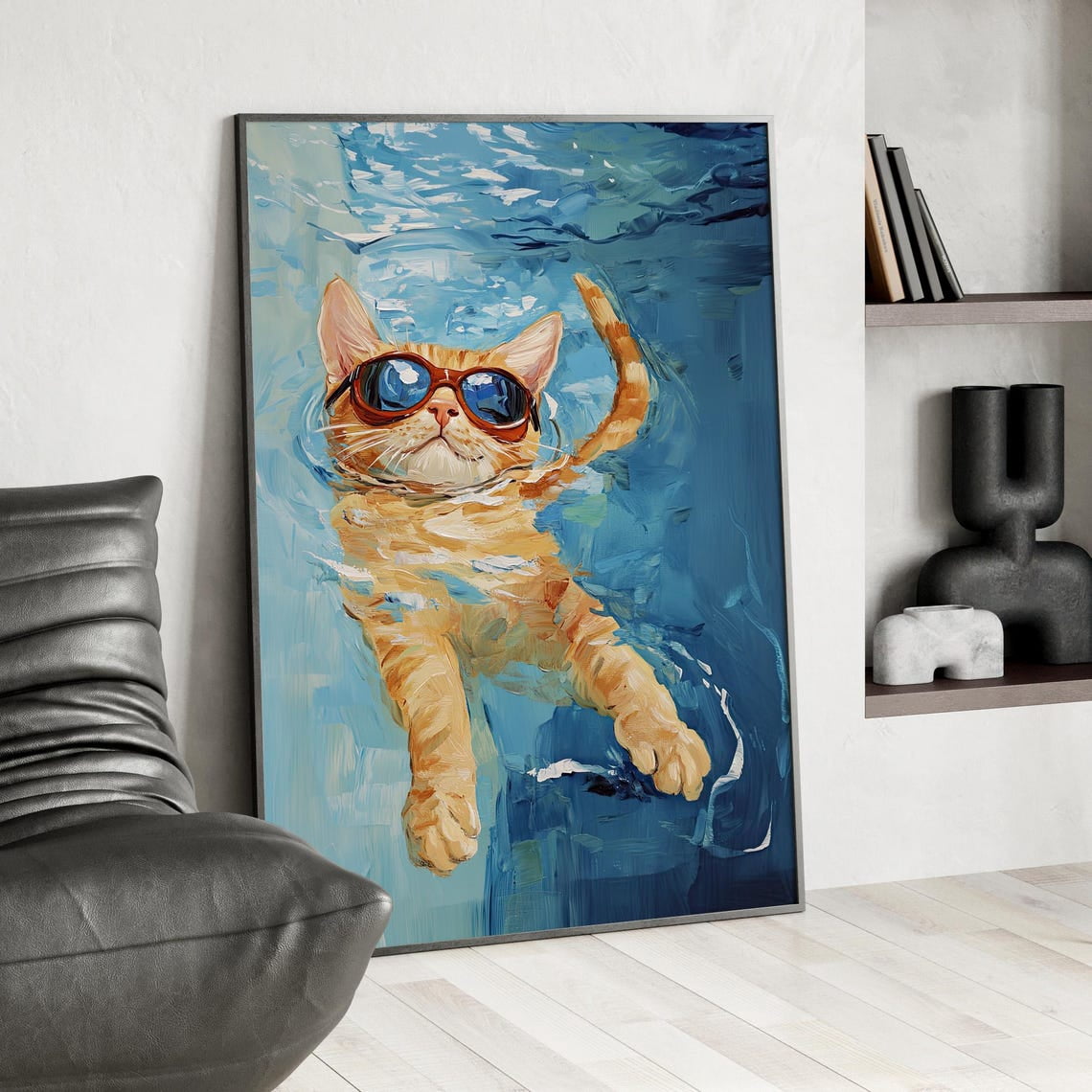 Floating Ginger Cat Wall Art Whimsical Pool Decor, Unframed Paper Print ...