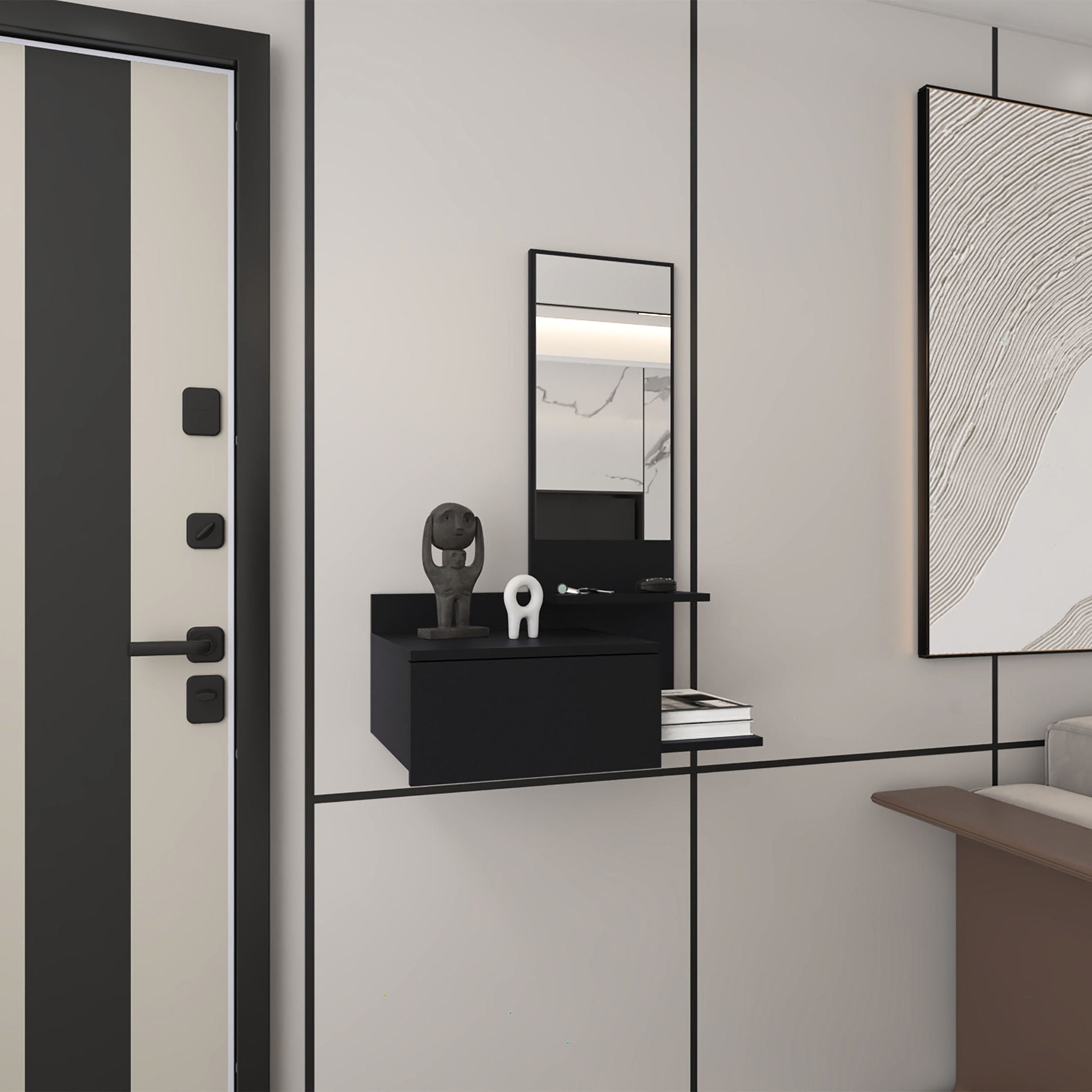 Floating Hallway Cabinetry | Versatile Storage with Built-in Mirror ...