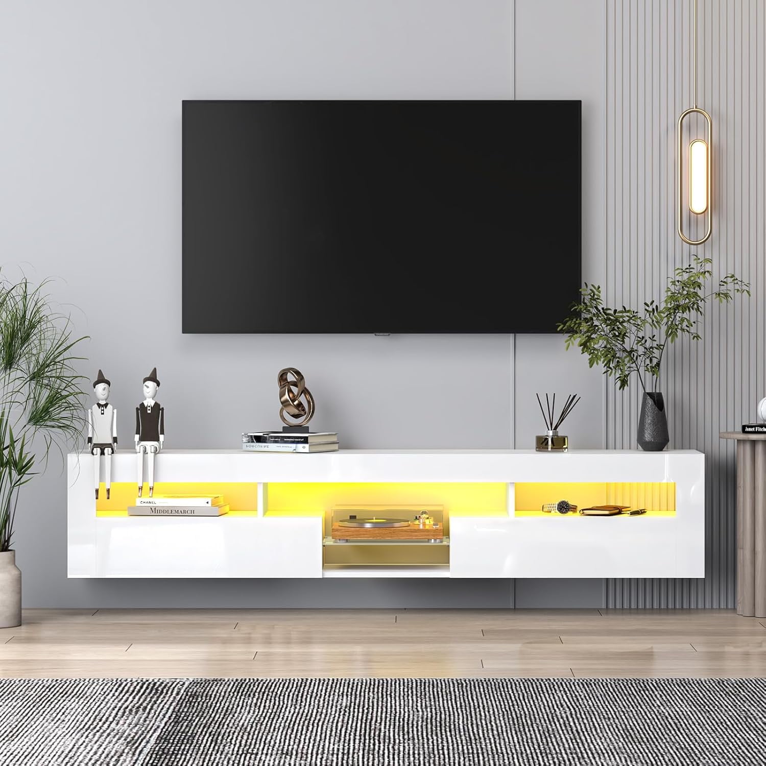 Floating LED TV Stand for 85 Inch TV with Glass Shelves and Cabinet, 71 ...