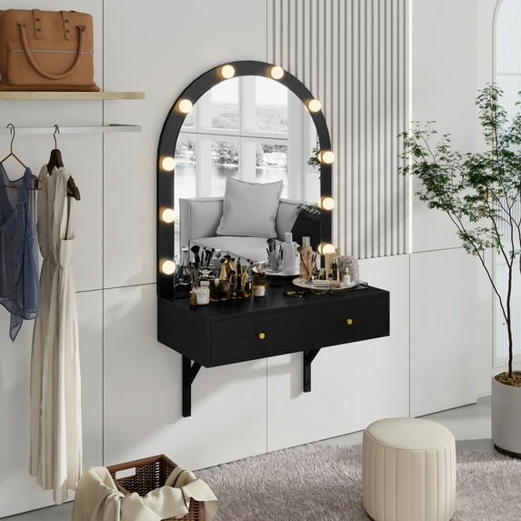 Floating Makeup Vanity Desk with Mirror & 3-Color Lights, Wall Dressing ...