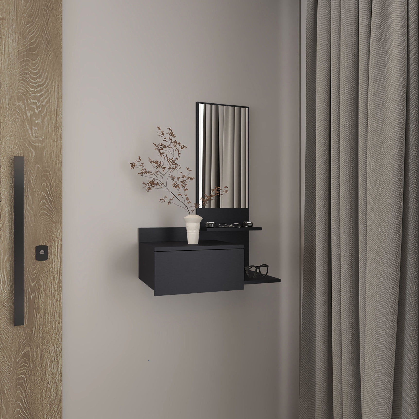 Floating Mirror Console Table, Black 3-Tier with Full Extension Drawer ...
