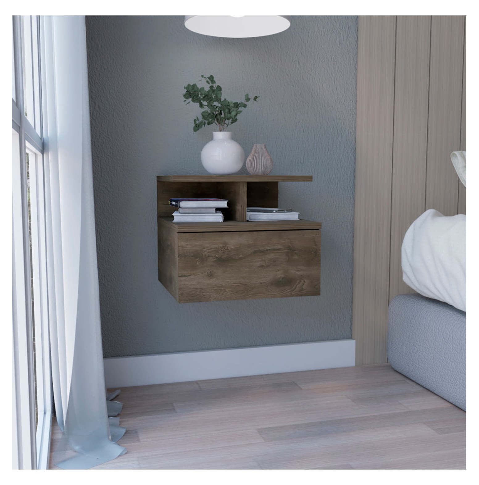 Floating Nightstand 12"H, Wall Mount - Modern Bedside Table with Drawer ...