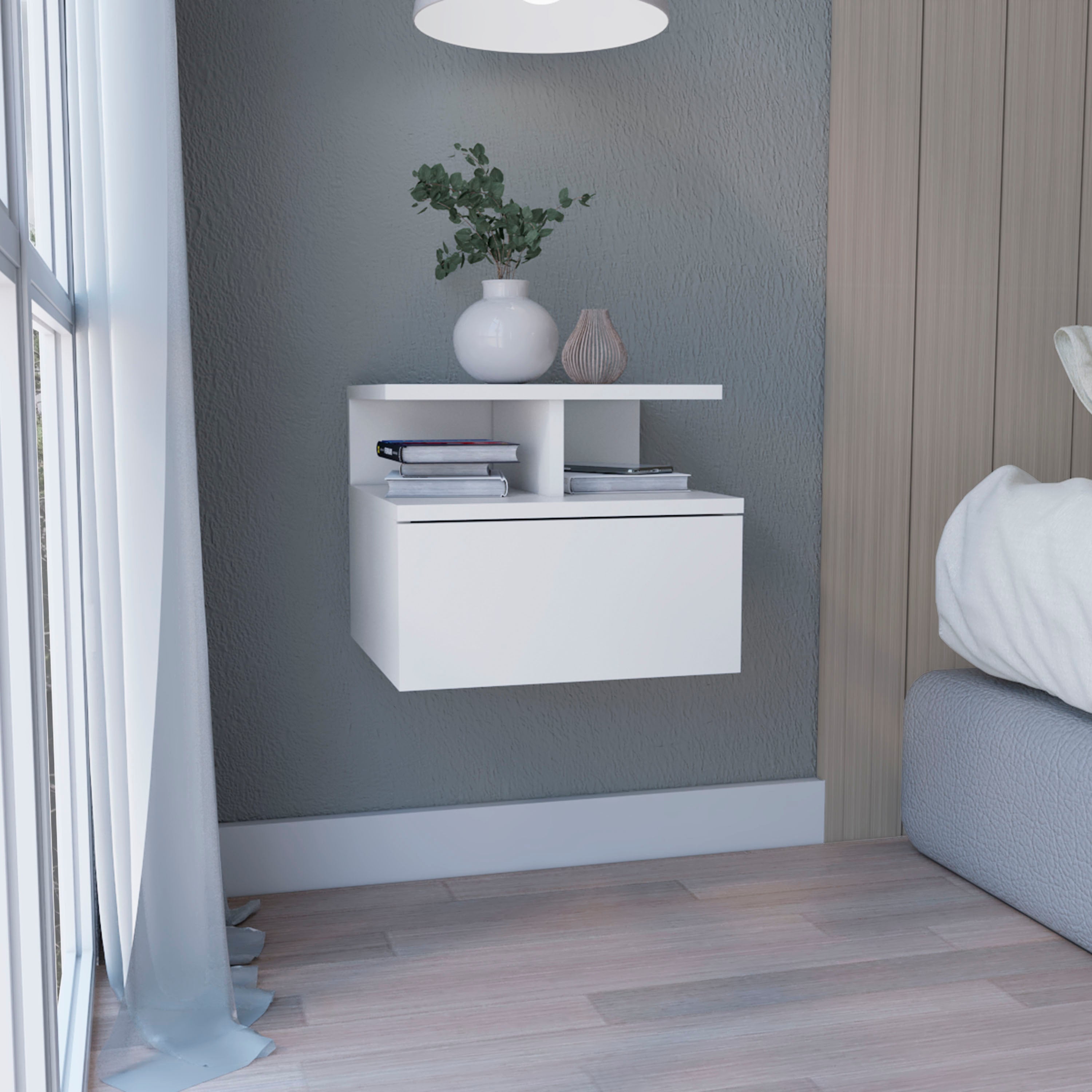 Floating Nightstand 12"H, Wall Mounted with Single Drawer and 2-Tier ...