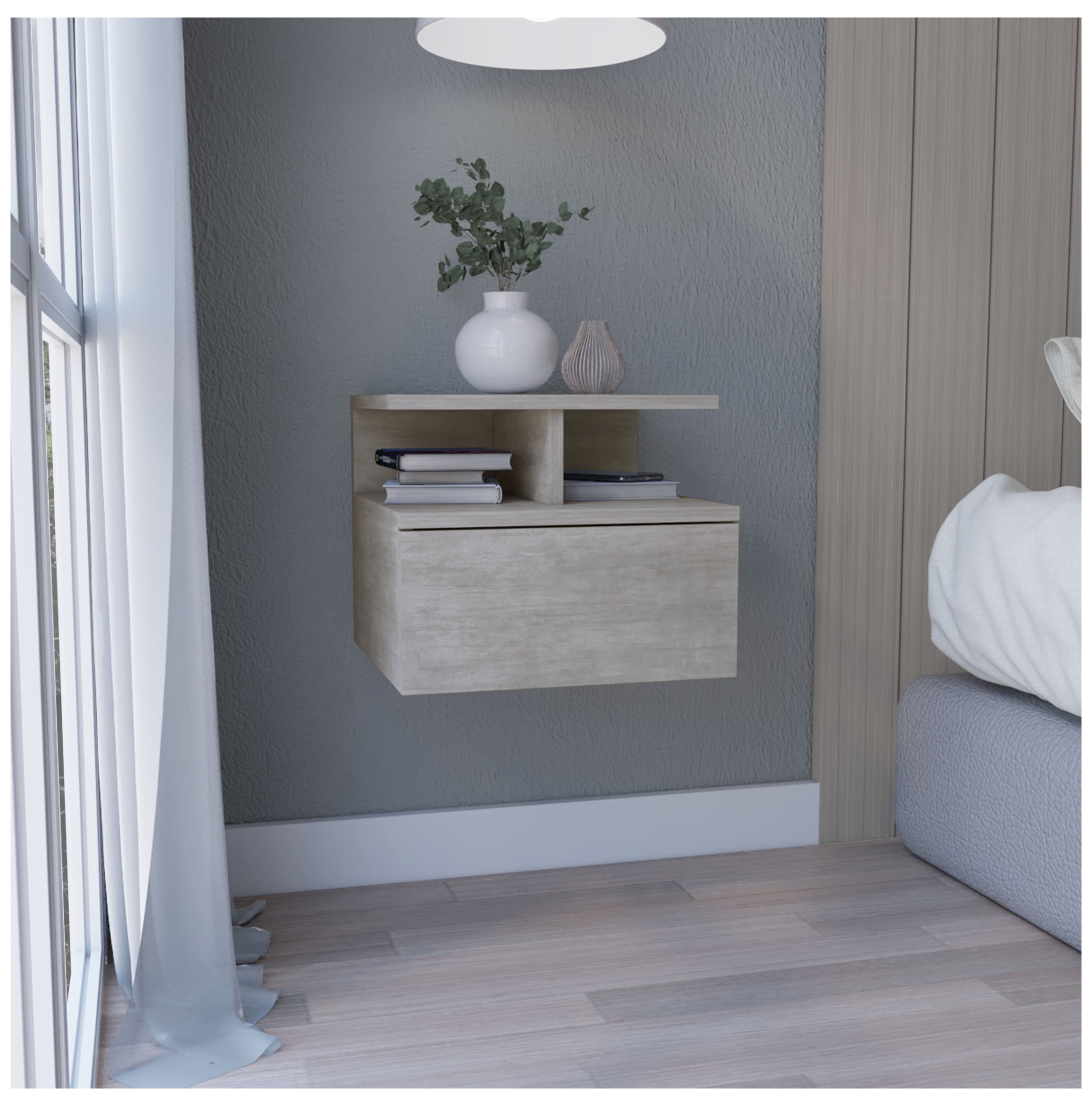 Floating Nightstand, 12" Wall Mount Nightstand with Drawer & 2 Shelves ...