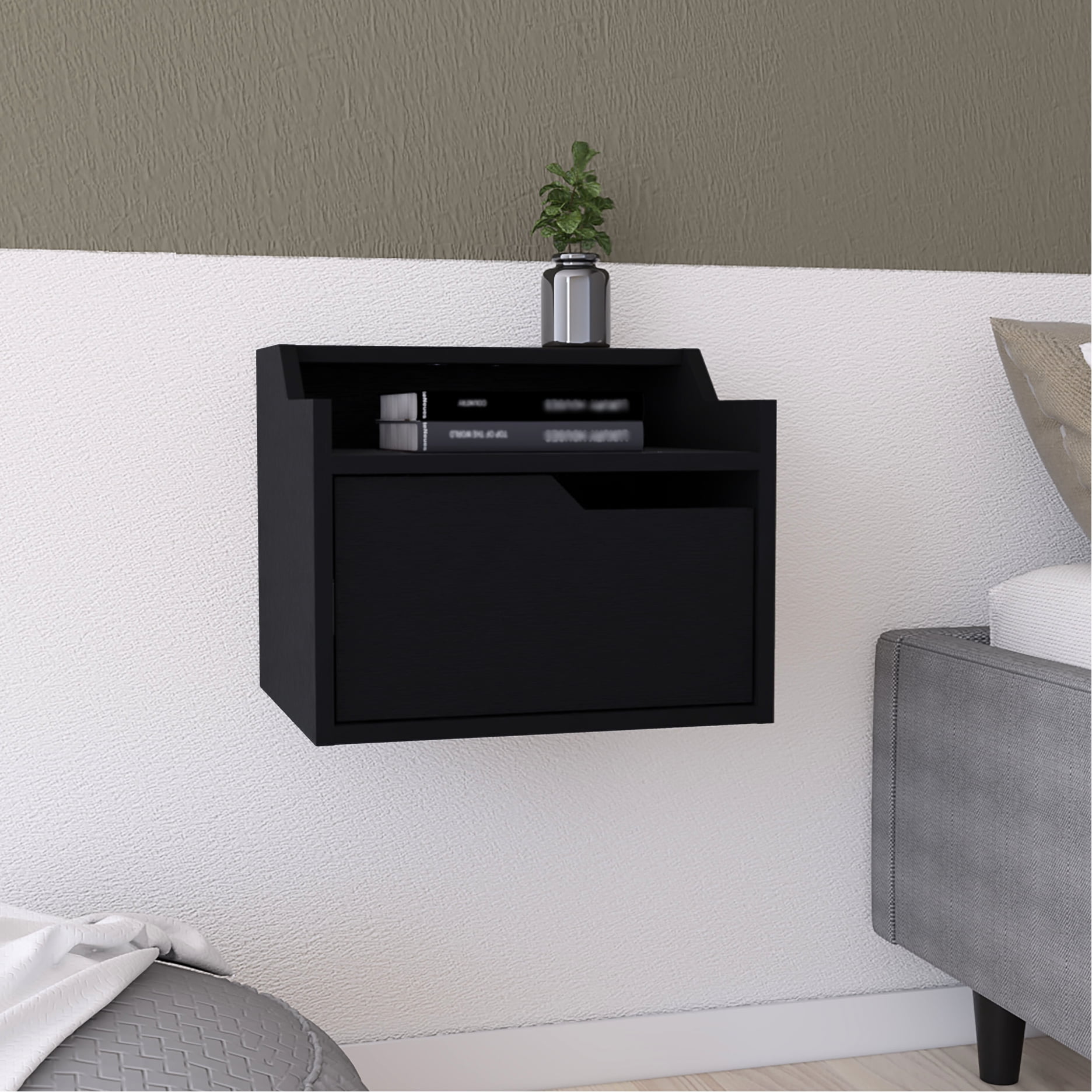 Floating Nightstand In Black. Modern Style With Spacious Storage. Surface. 14.5"w X 12.1"d ...