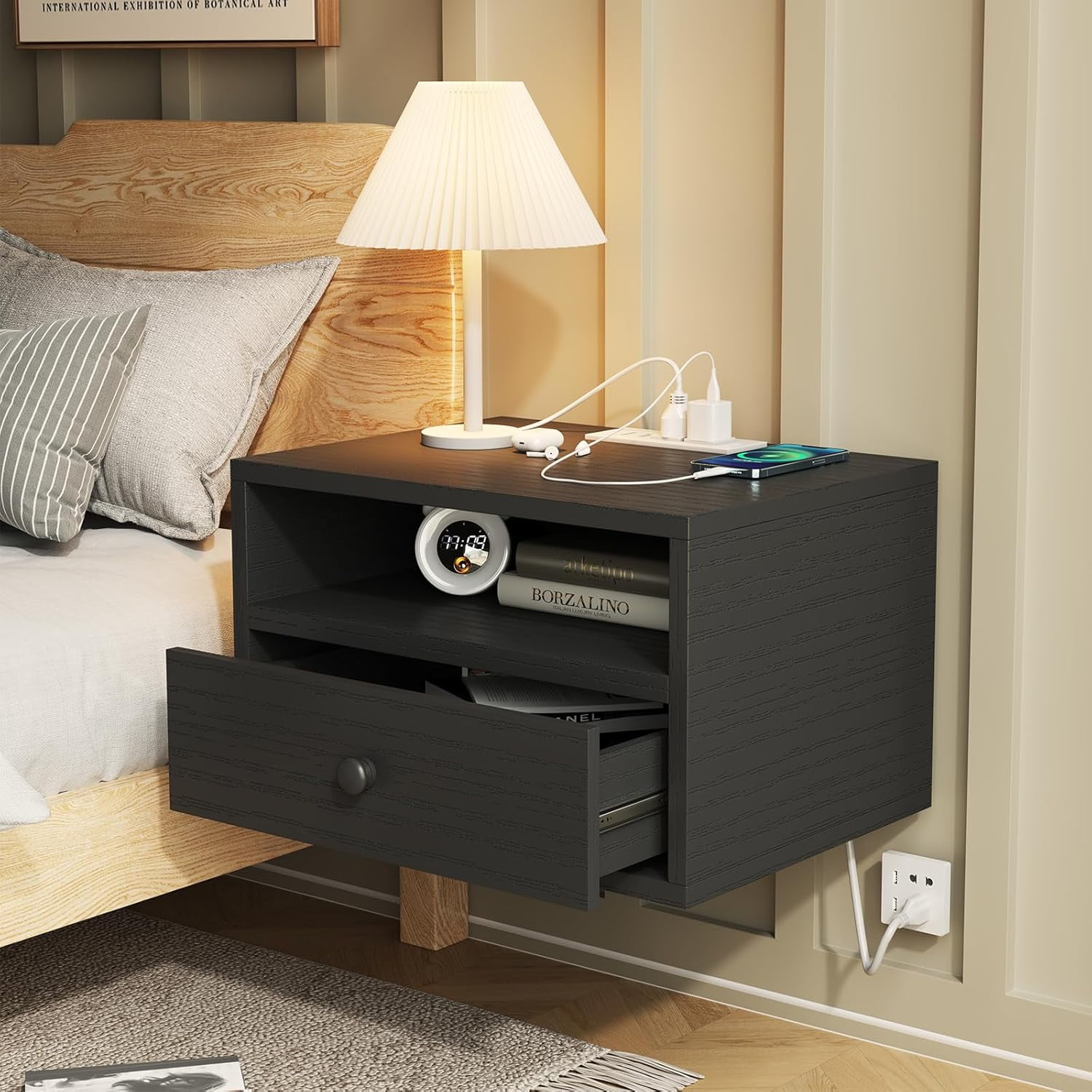 Floating Nightstand with Charging Station Drawer - Small Night Stand ...