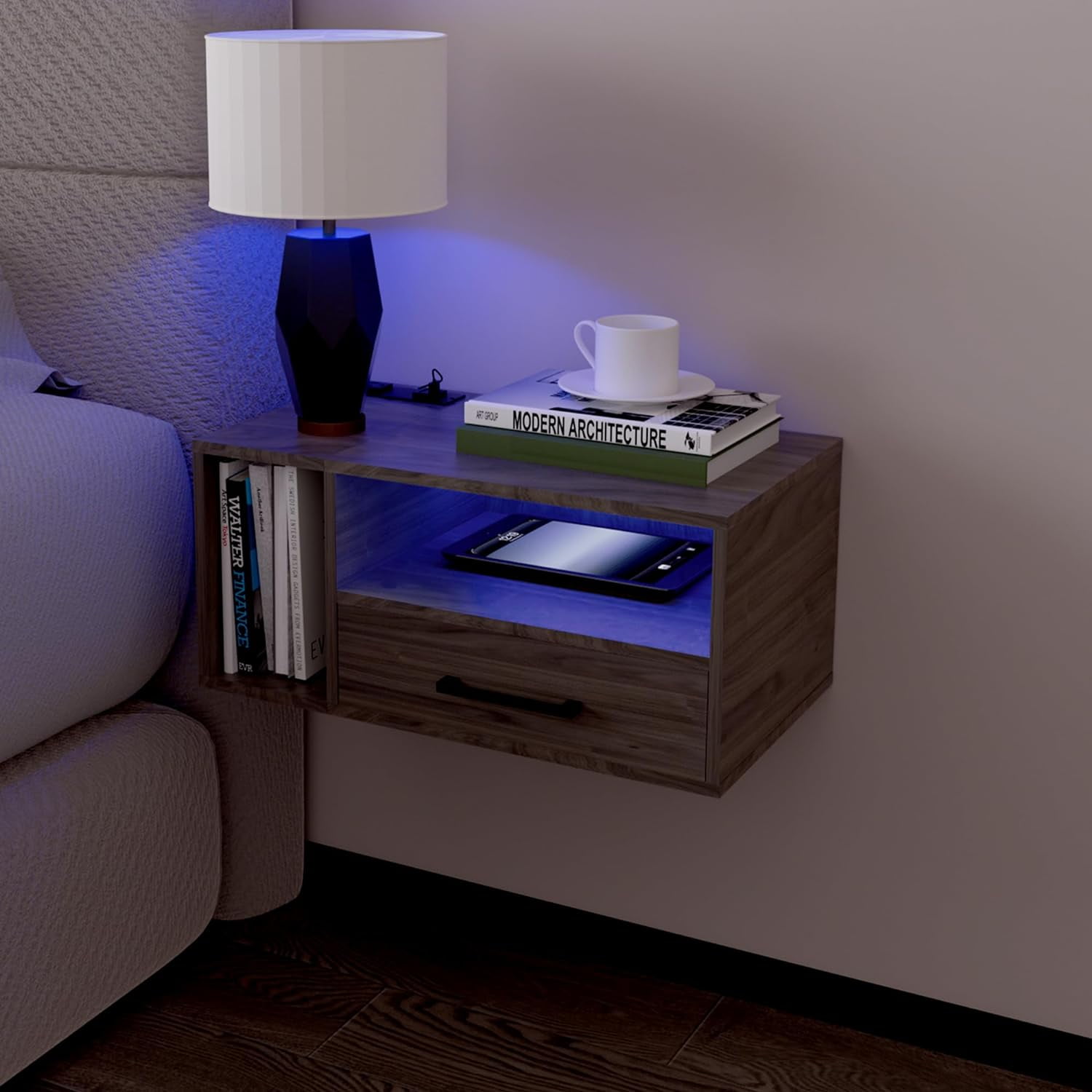 Floating Nightstand with Charging Station and LED Lights, Floating ...