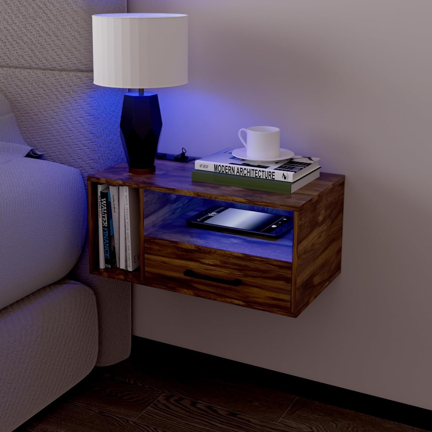 Floating Nightstand with Charging Station and LED Lights, Floating ...