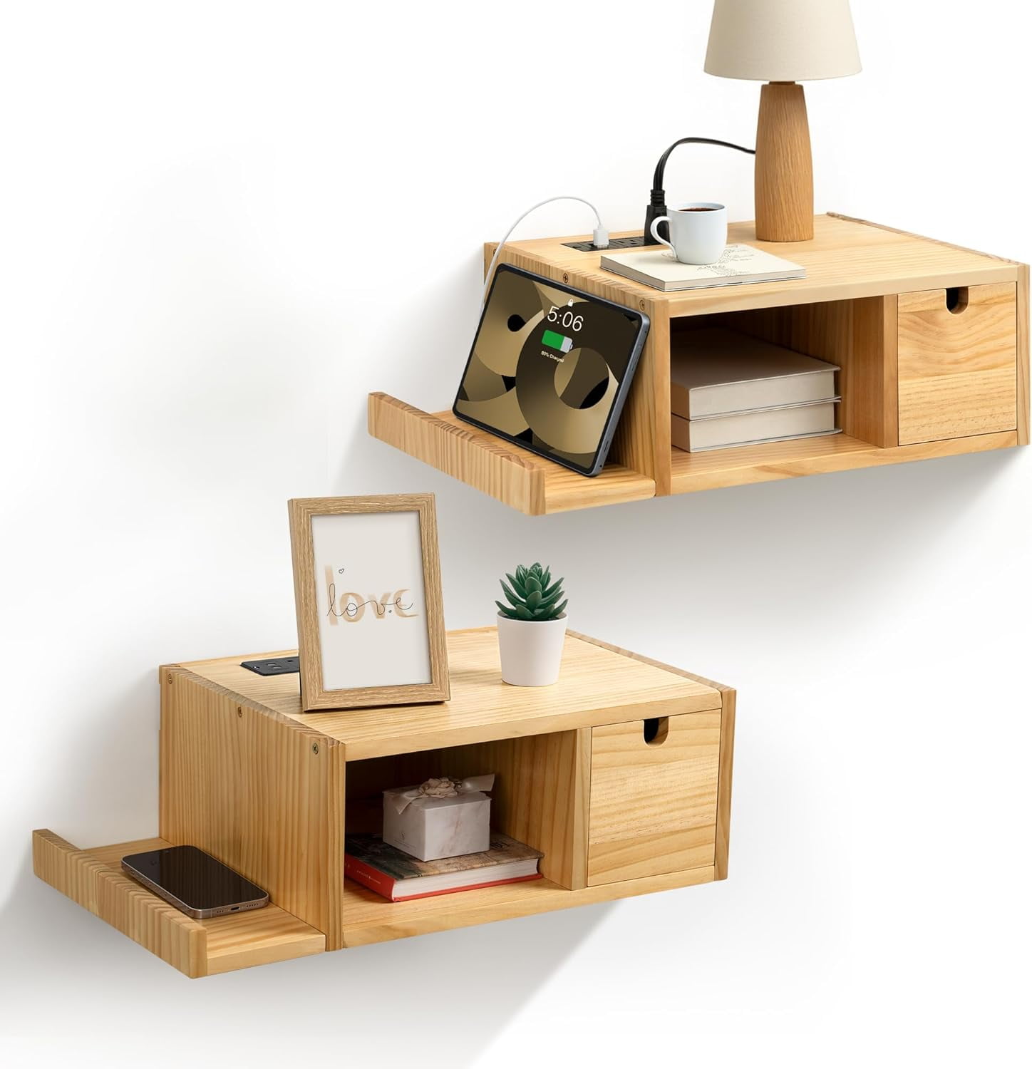 Floating Nightstand with Charging Station, Modern Night Stand with ...