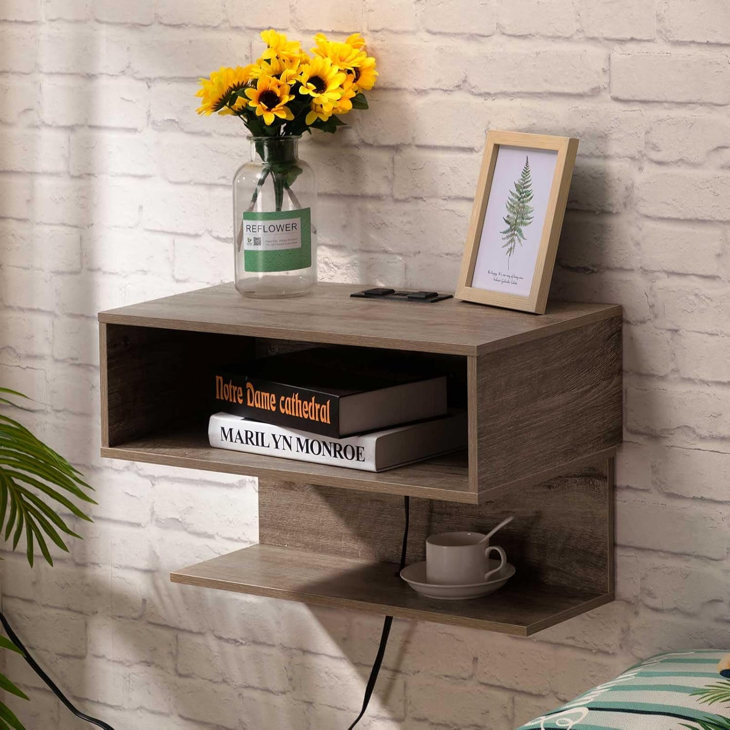Floating Nightstand with Charging Station, Wall Mount Bedside Shelf ...