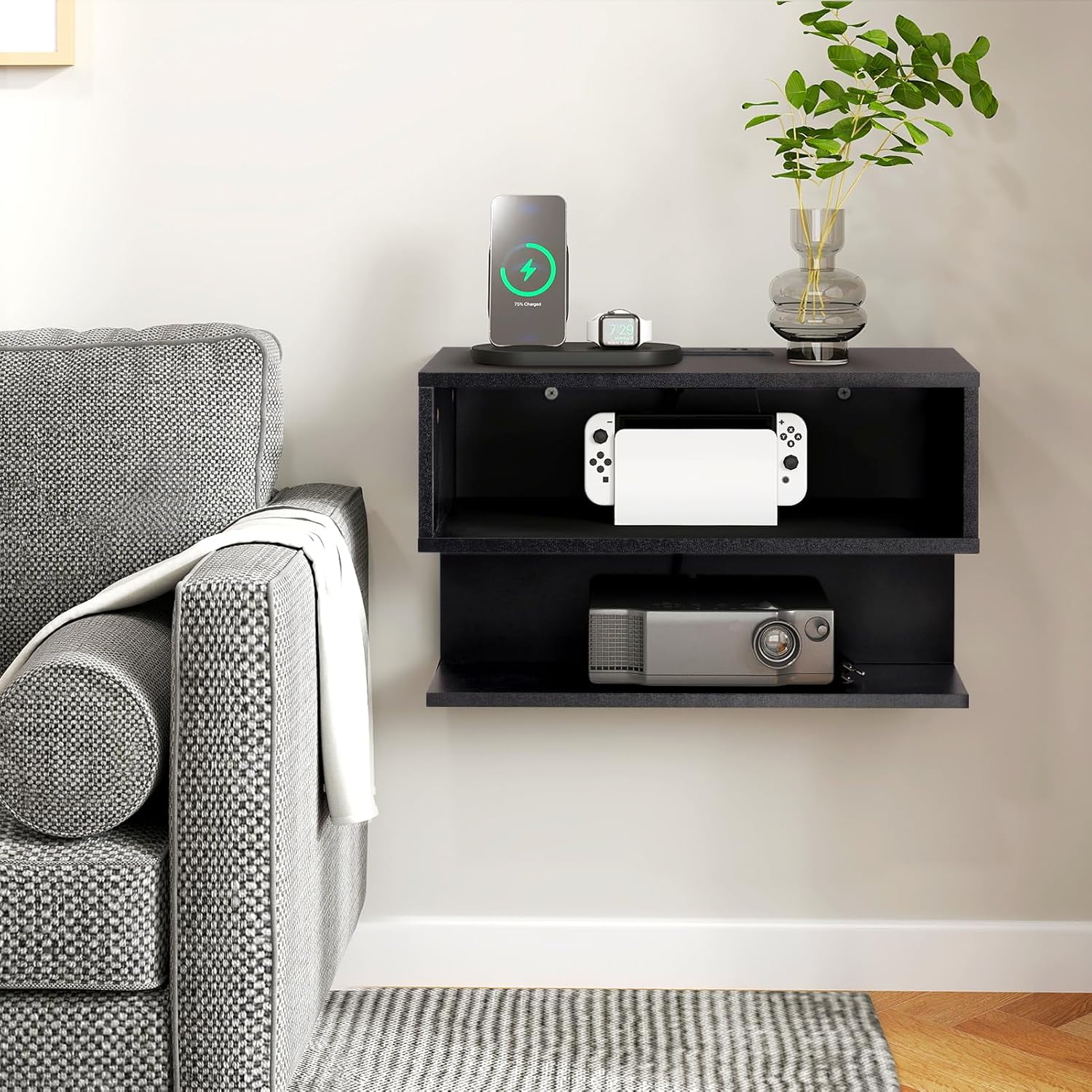 Floating Nightstand with Charging Station, Wall Mount Bedside Shelf ...
