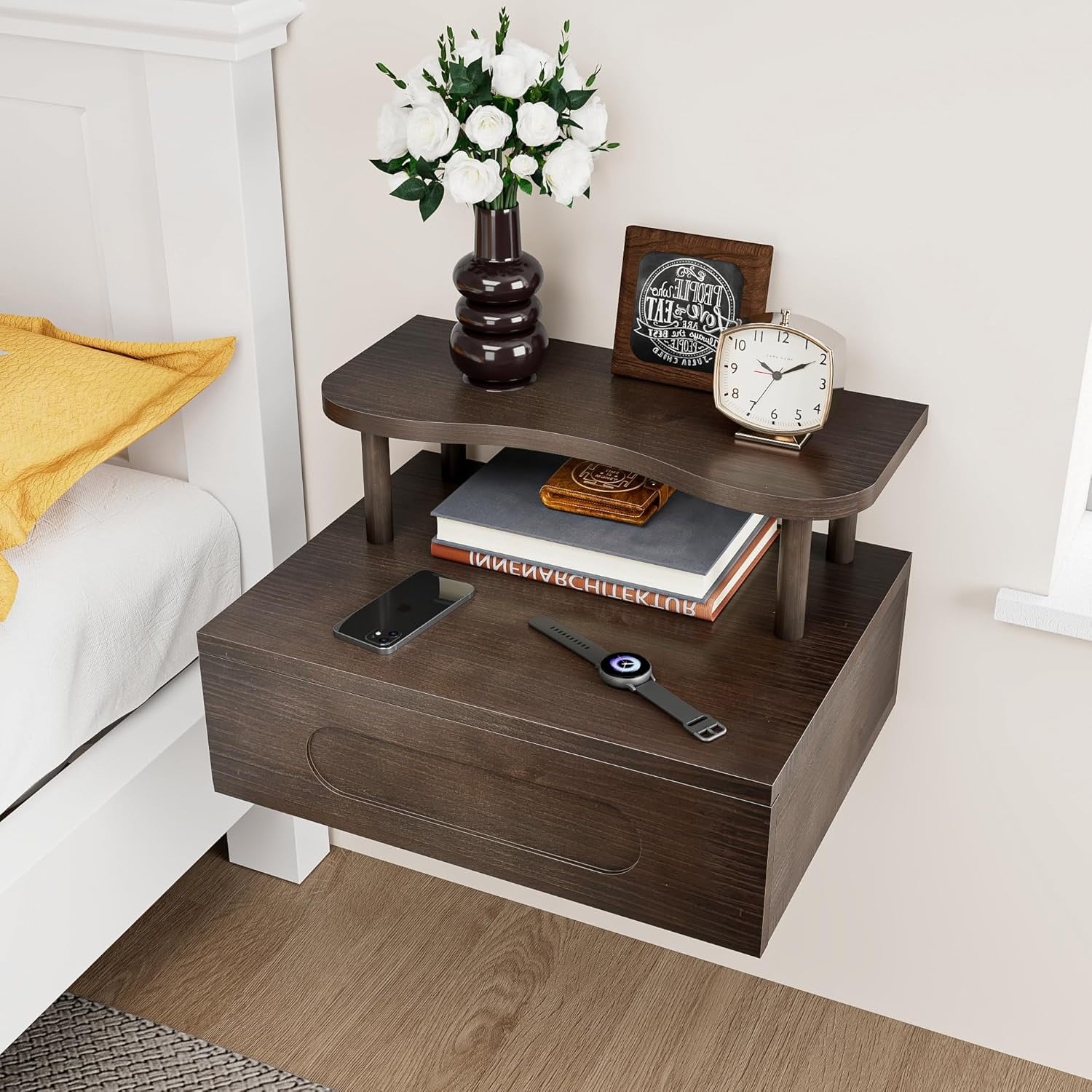 Floating Nightstand with Drawer - Brown Nightstand Floating Bedside ...