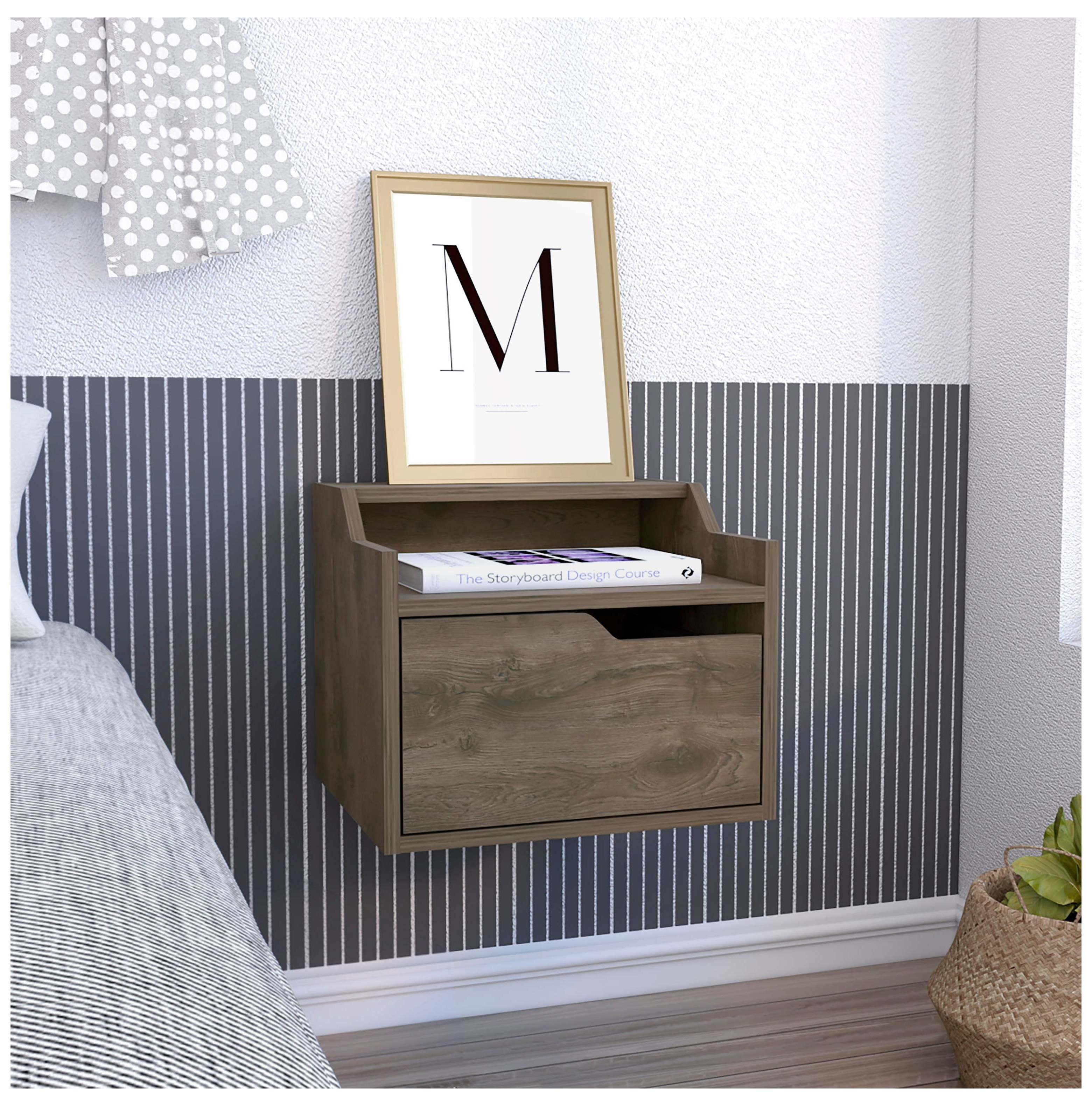 Floating Nightstand, End Table - Modern Dark Brown w/ Drawer & 2-Tier ...