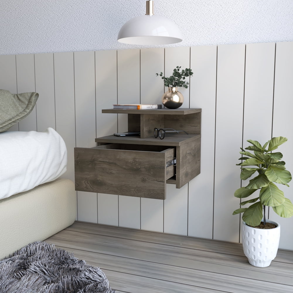 Wooden Nightstand Floating Nightstand Flopini, One Drawer, Dark Walnut ...