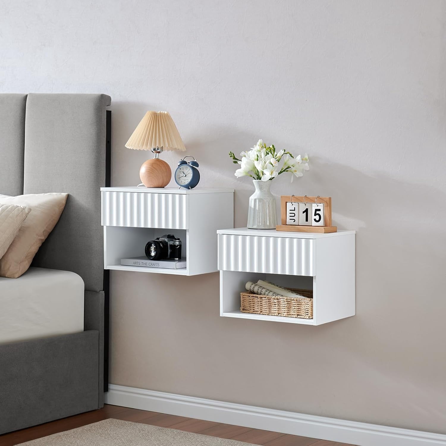 Floating Nightstand with Fluted Drawer - Modern Wall Mounted Bedside ...